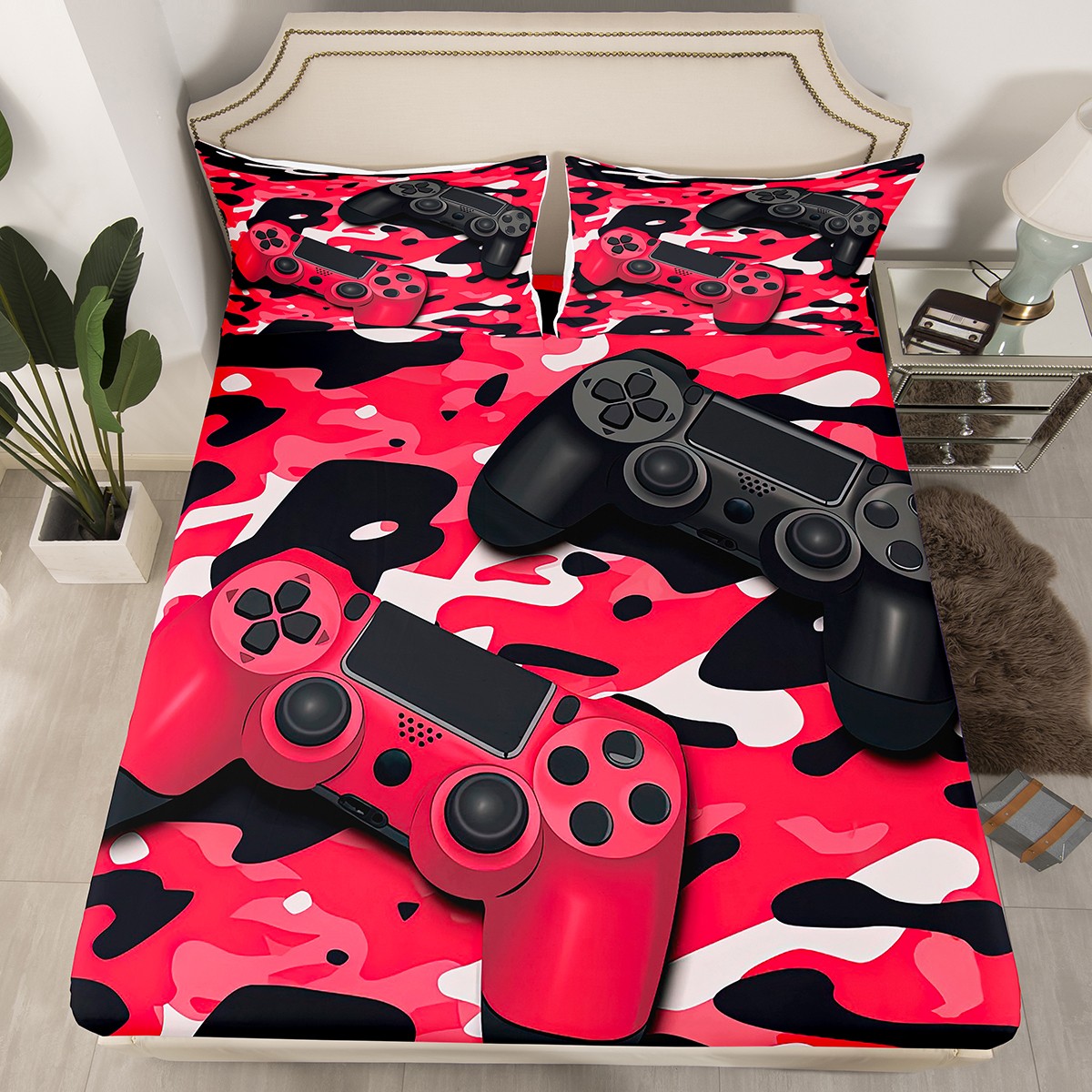 Gaming Fitted Sheet Gamer Bed Sheets Twin,Black and Red Camouflage Camo ...
