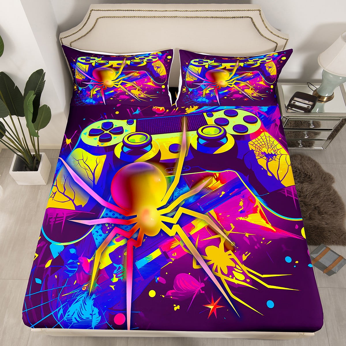 Gaming Fitted Sheet Gamer Bed Sheets Twin,Gothic Halloween Spider Blue ...