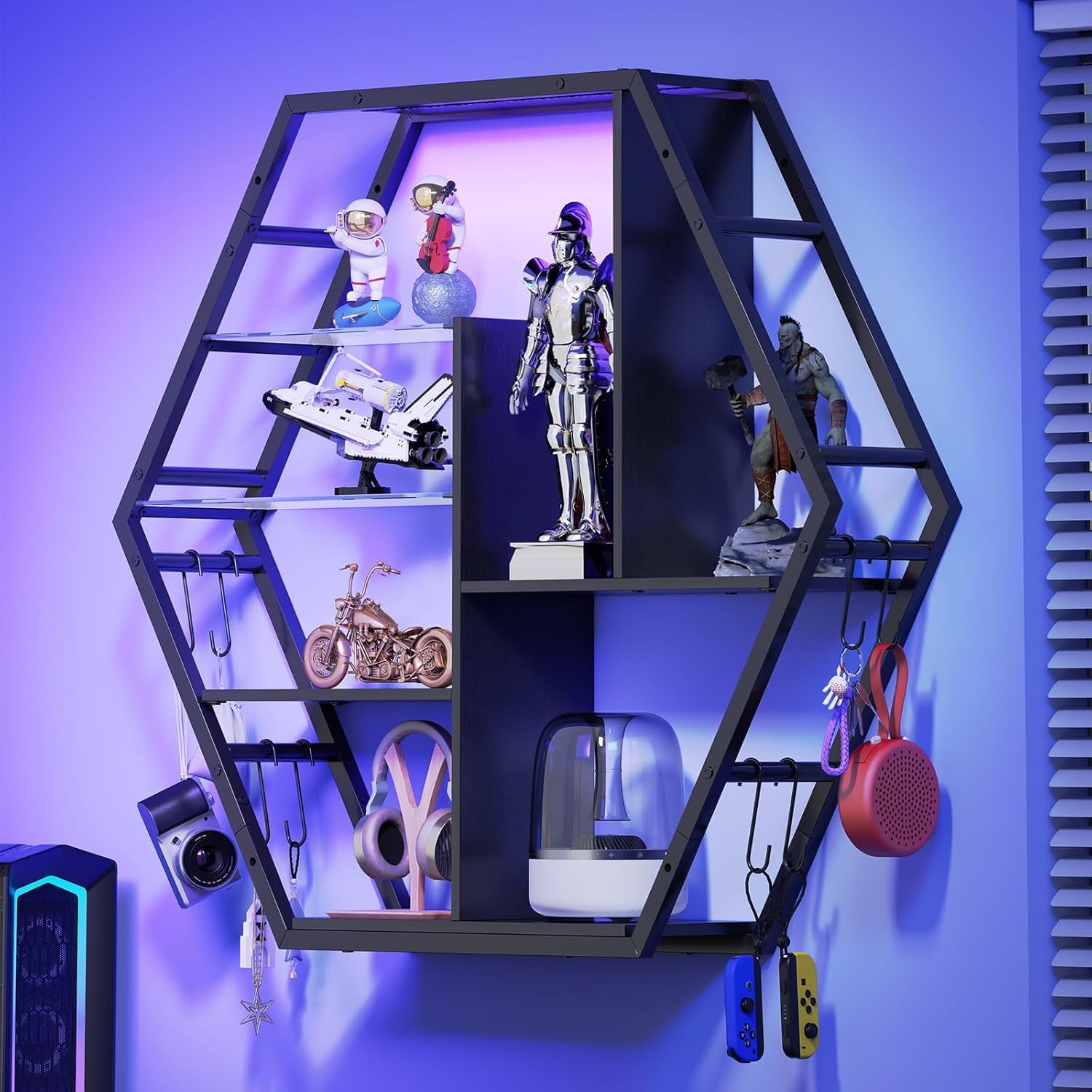 Gaming Floating Shelves, 34" LED Wall Mounted Shelf with Adjustable ...