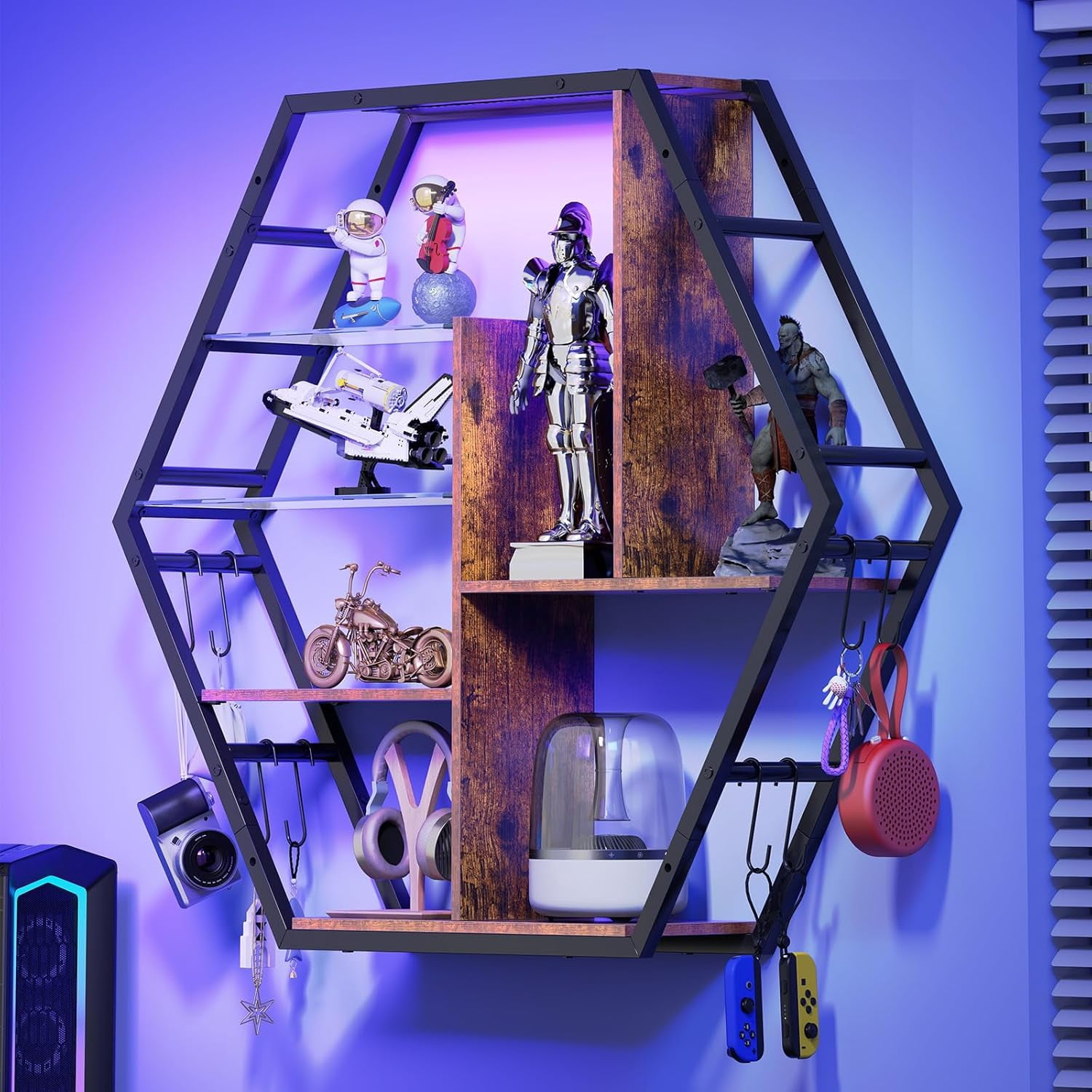 Gaming Floating Shelves, 34" LED Wall Mounted Shelf with Adjustable ...