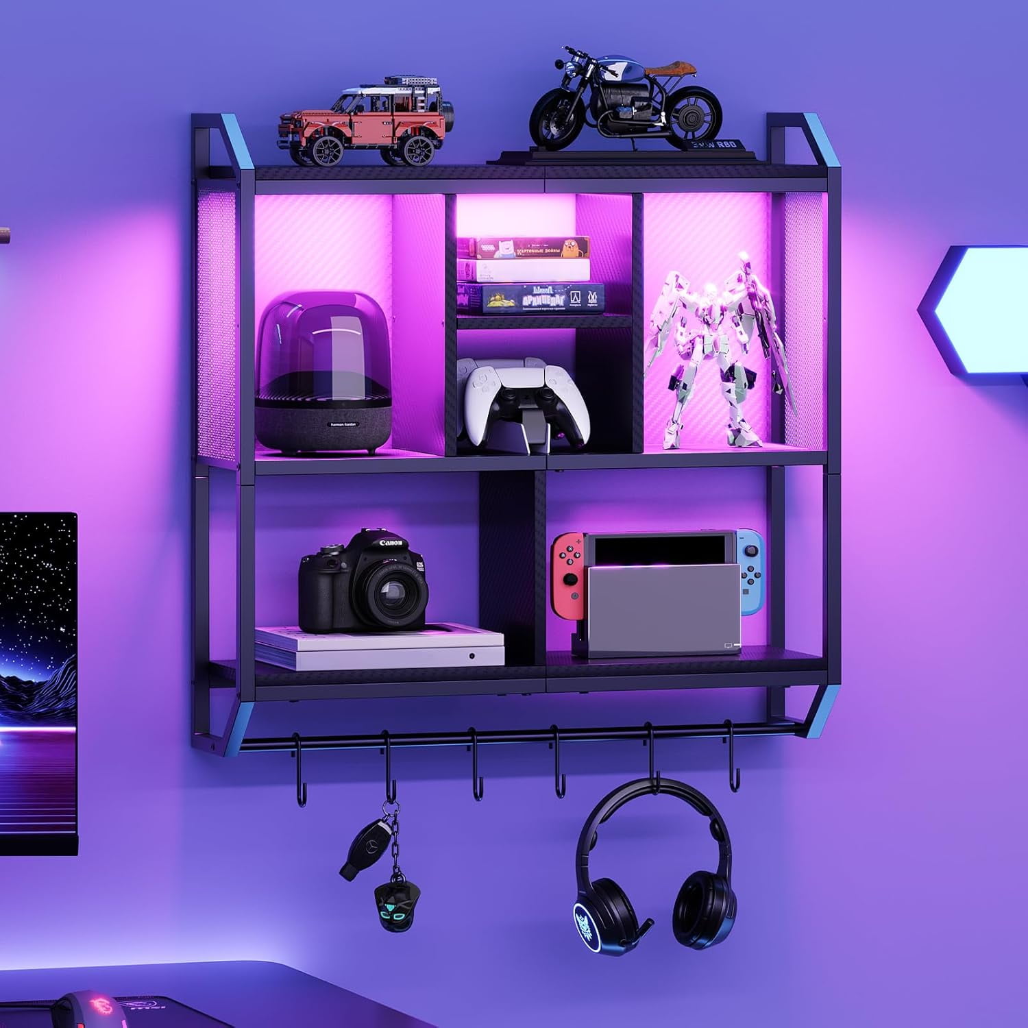 Gaming Floating Shelves with LED Lights, 28.7" LED Wall Mounted Shelf ...