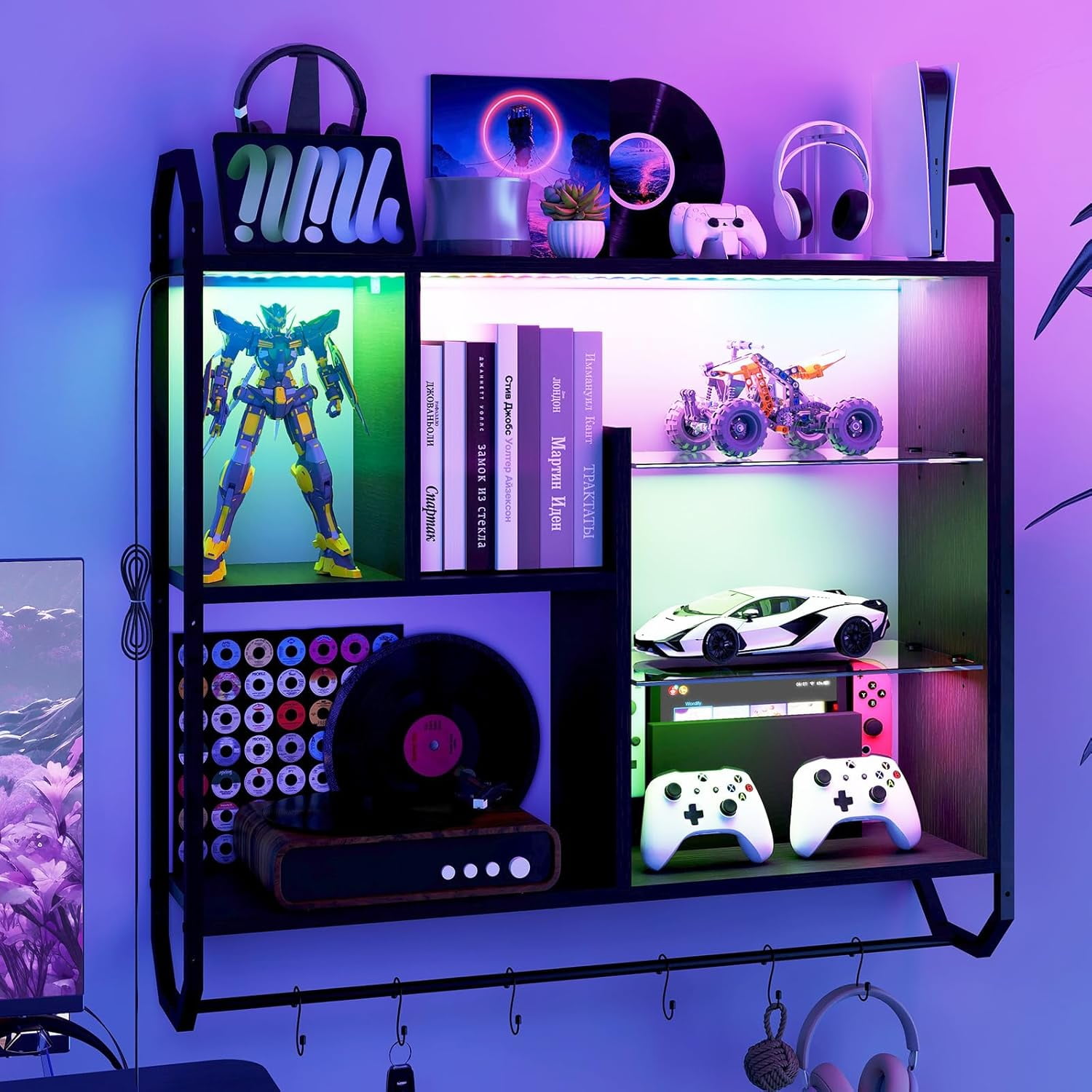 Gaming Floating Shelves for Wall, 34" LED Wood Pipe Shelf with ...