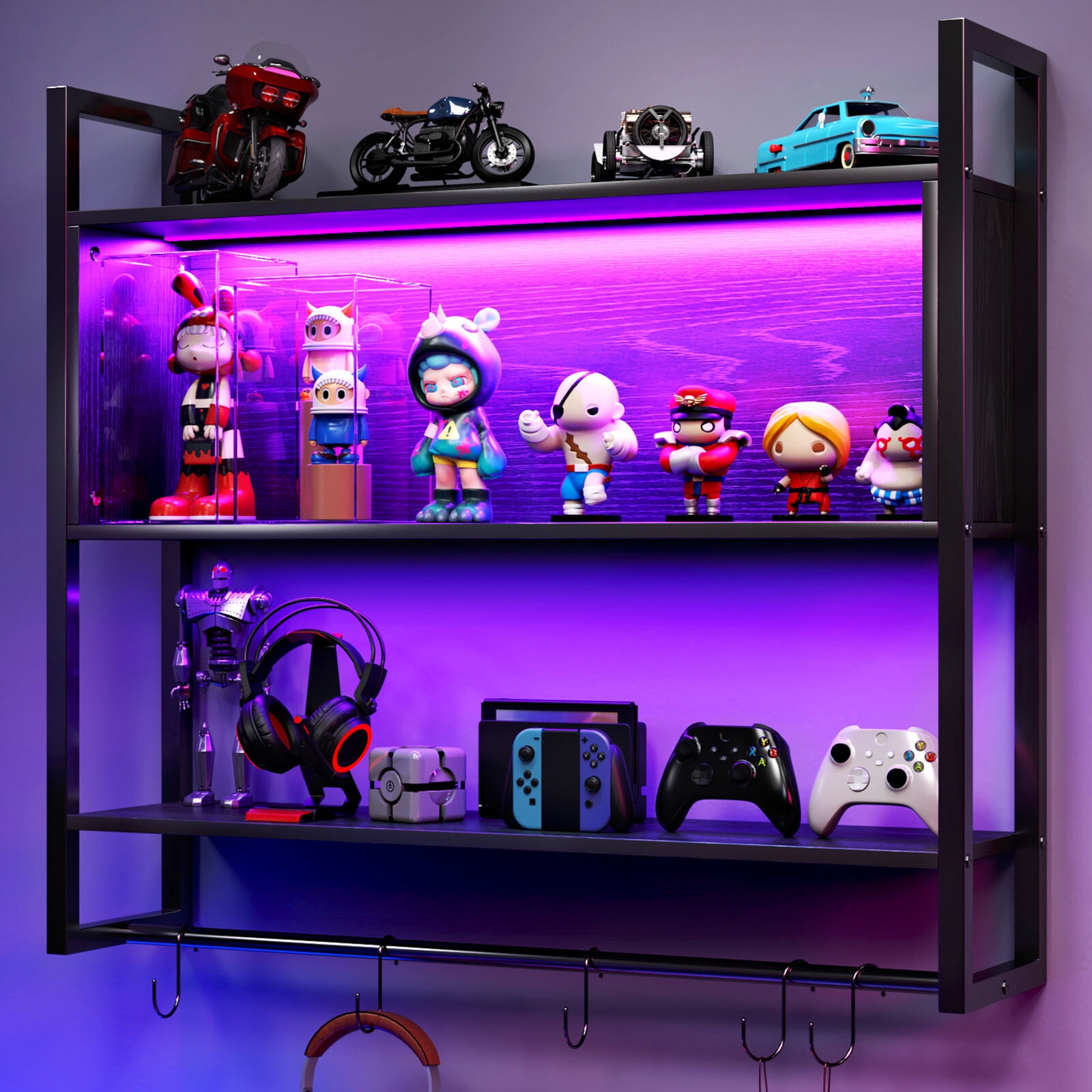 Gaming Floating Shelves with LED Light Wall Mount Display Shelf for ...