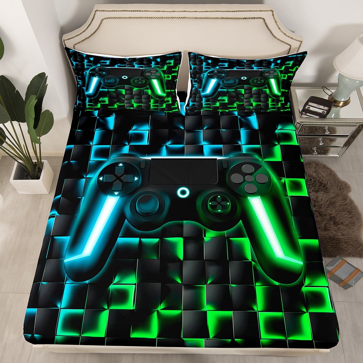 Gaming Full Bed Sheets Gamer Fitted Sheet 3D Geometric Ombre Gamepad ...