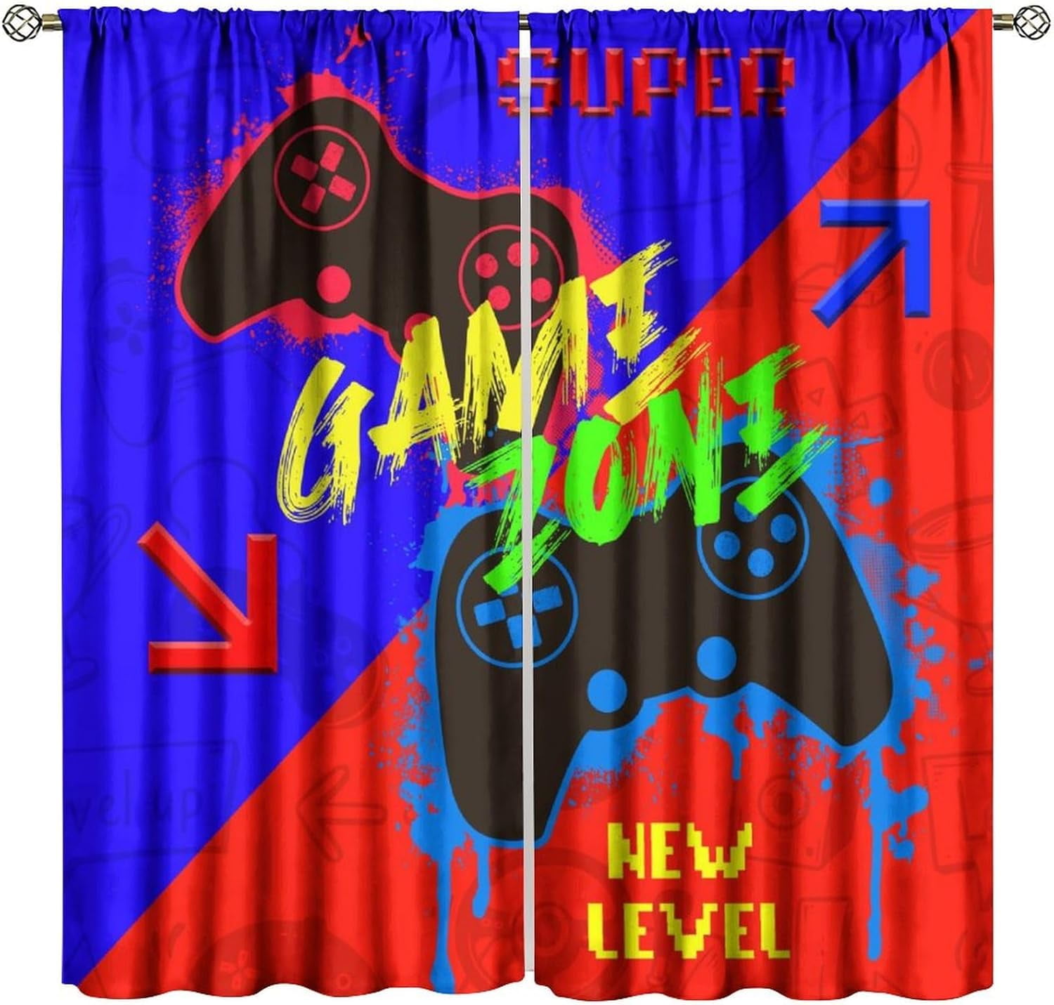 Gaming Gamer Blackout Curtains,Red Blue Patchwork Video Games ...