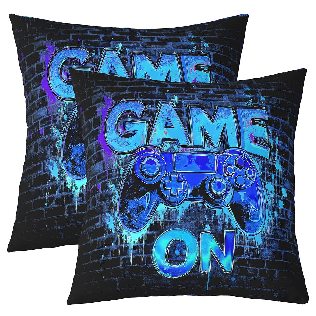 Gaming Graffiti Pillow Covers 18"x18" Set of 2,Blue Black Game Brick ...