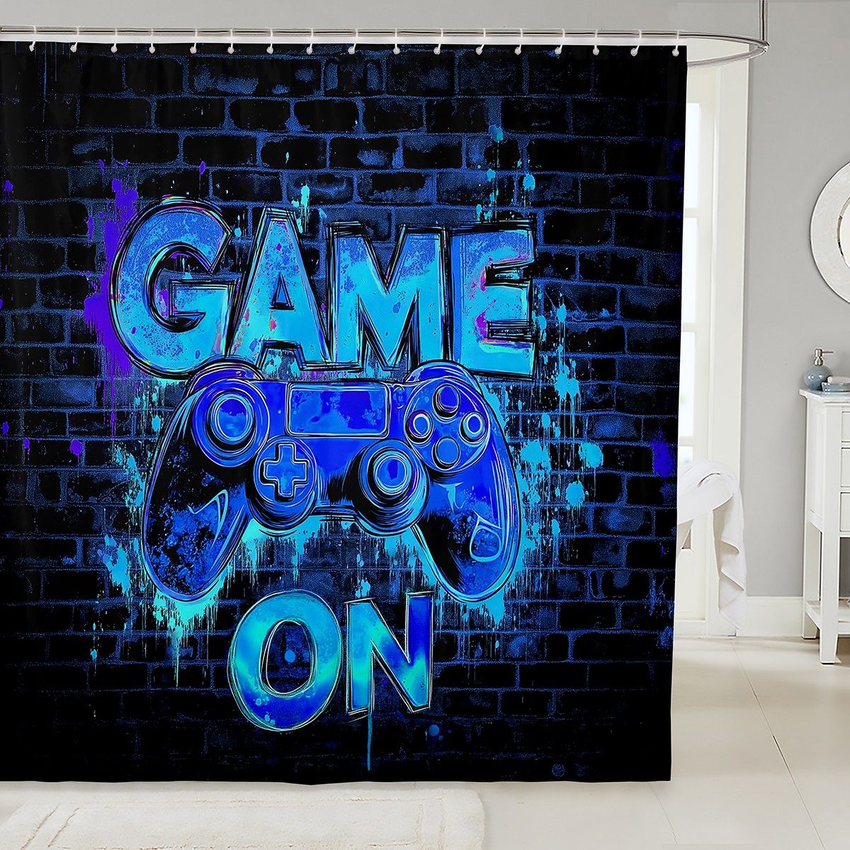 Gaming Graffiti Shower Curtains for Bathtubs 72" W x 72" LBlue Black ...