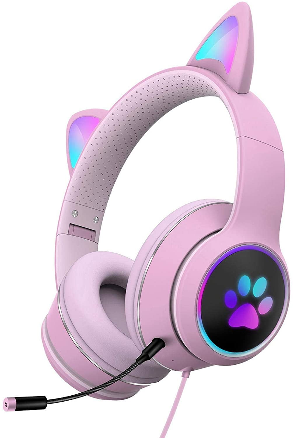 Gaming Headset Cat Ear Headphone with RGB LED Light Microphone Stereo ...