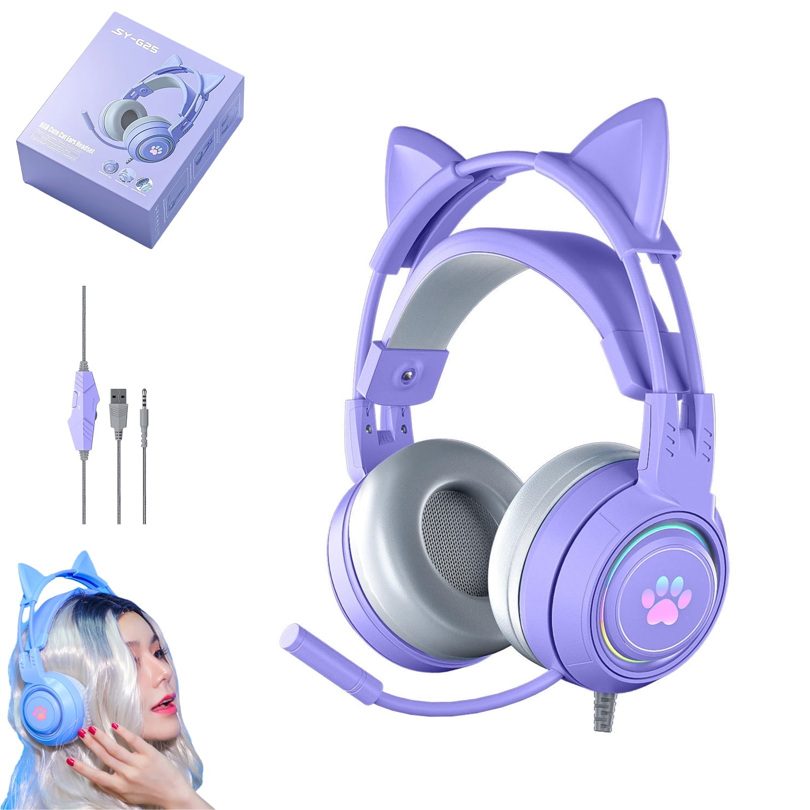 HQinX Gaming Headset with Cat Ears, 3.5mm Headphones with Surround ...