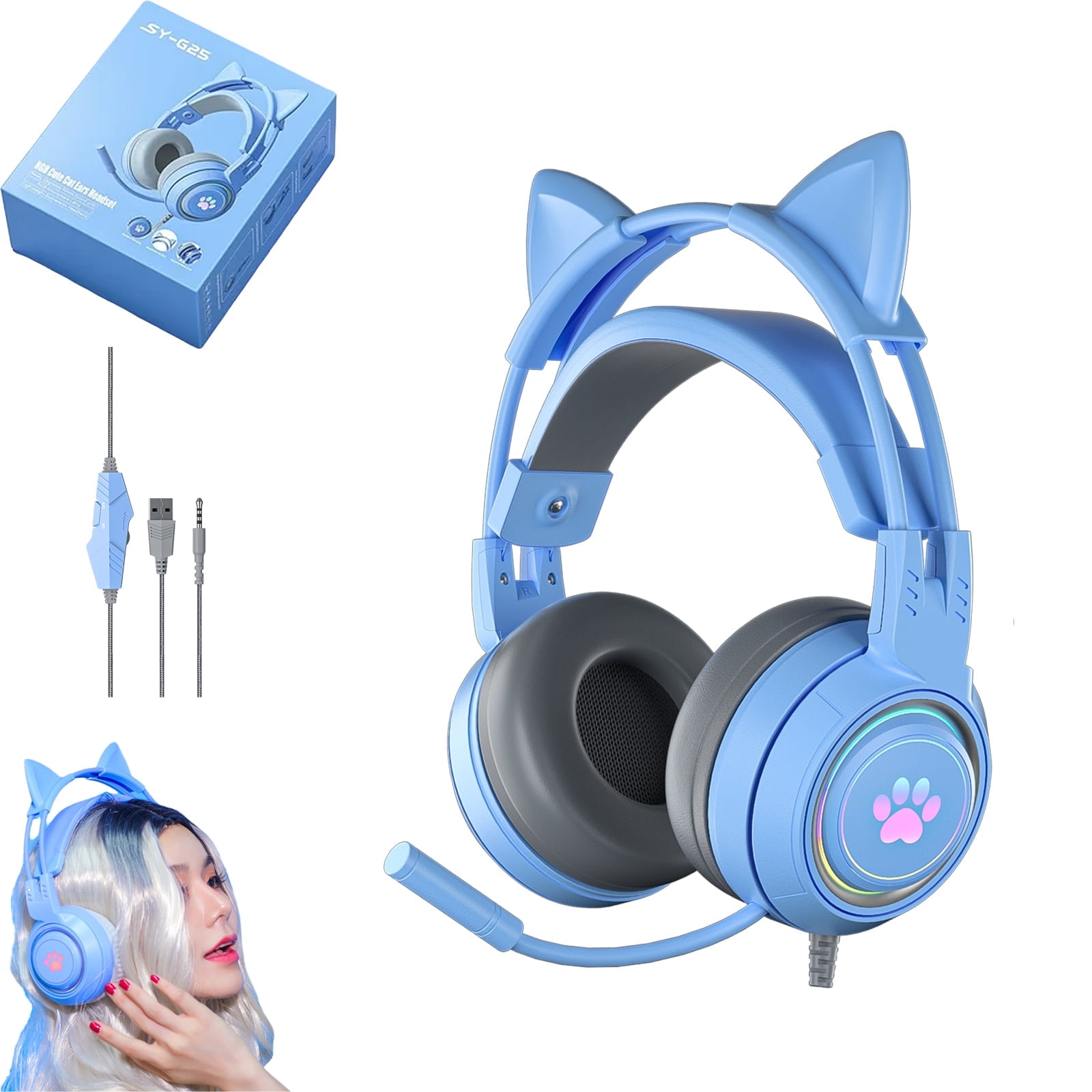 HQinX Gaming Headset with Cat Ears, 3.5mm Headphones with Surround ...