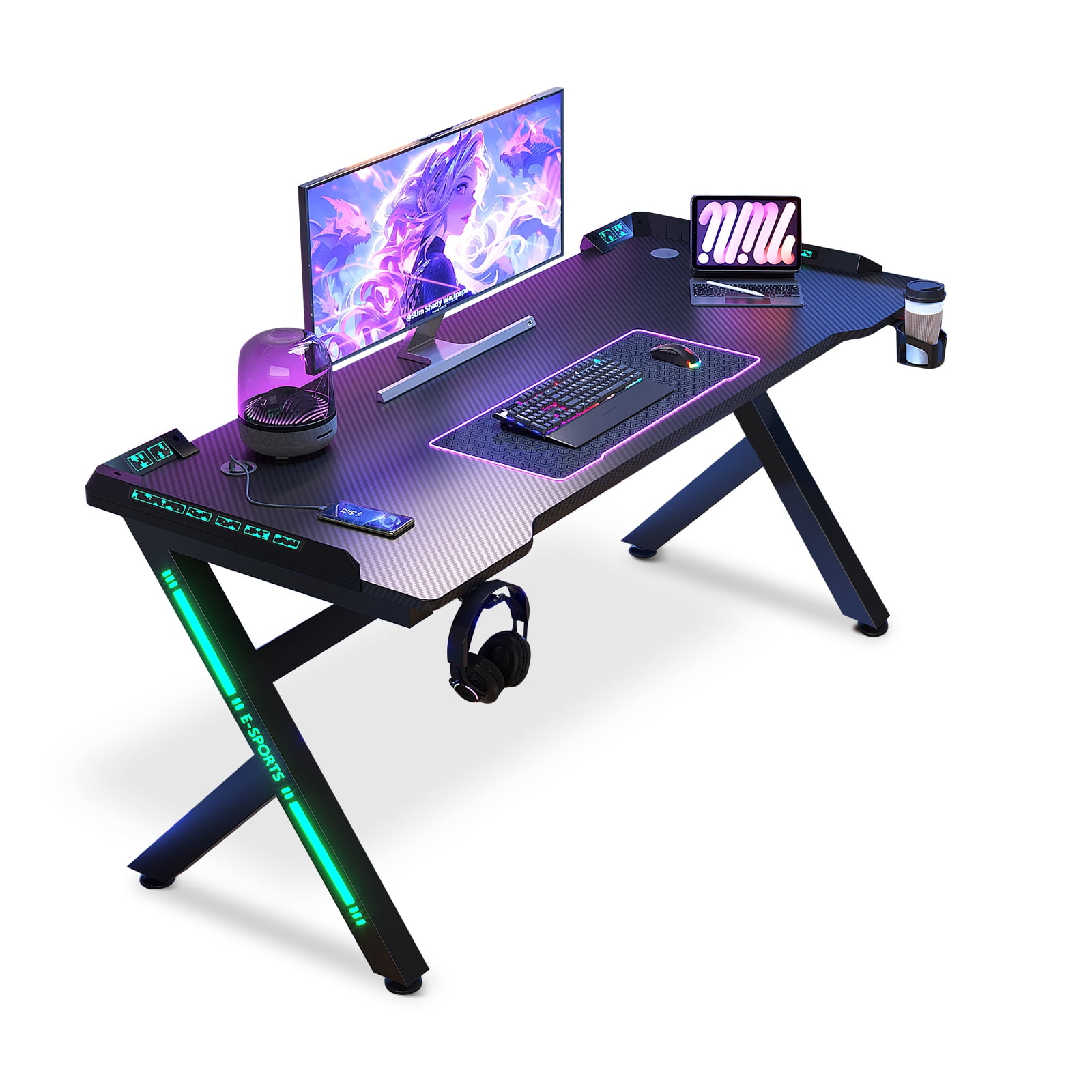 Gaming Home Office Desks with LED Lights Black 63 Inch - Walmart.com