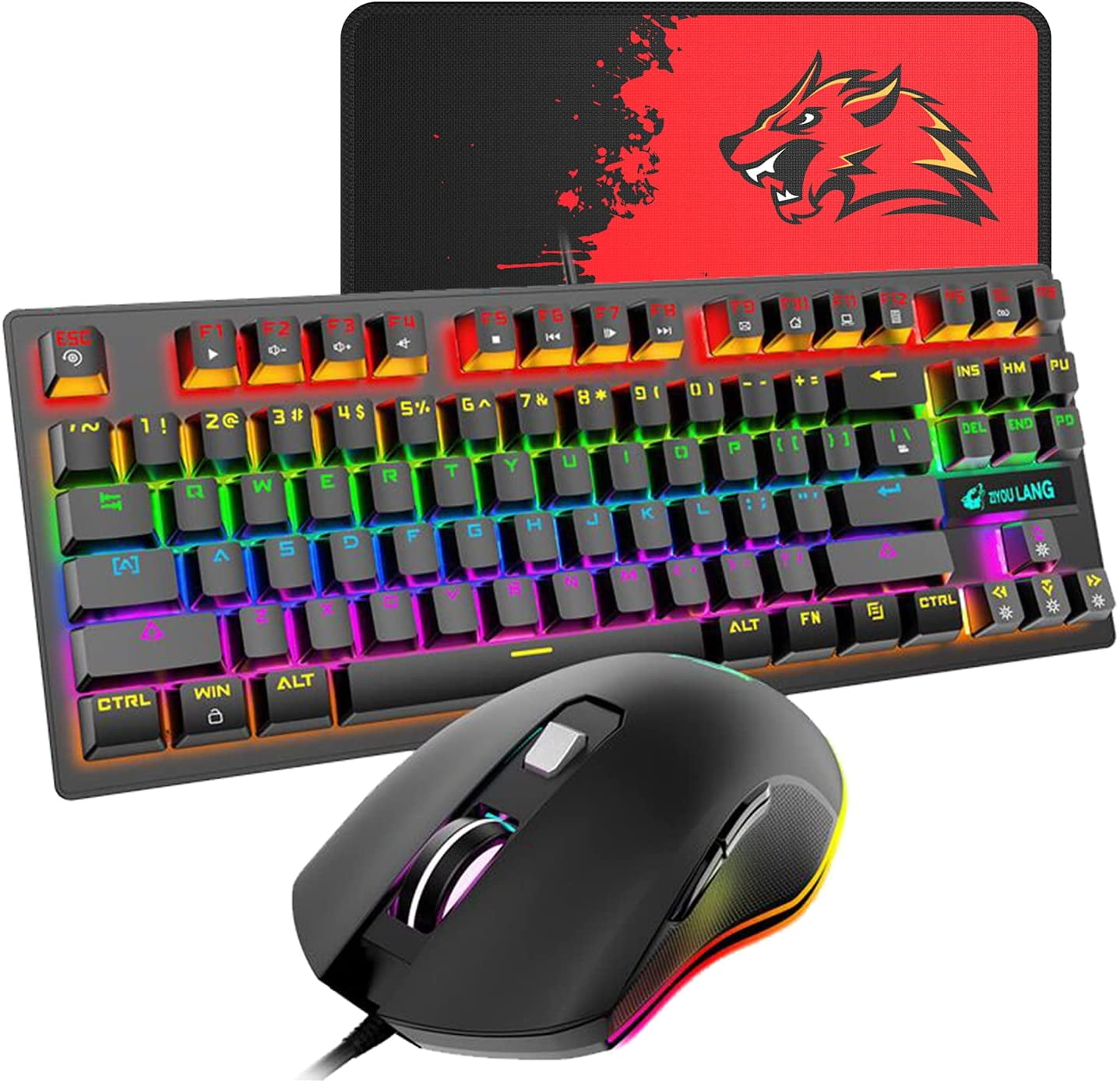 Gaming Keyboard and Mouse Combo with Mice Pad, Blue Switch 87 Keys USB ...