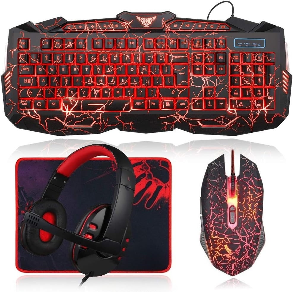 Gaming Keyboard Mouse Headset Combo, USB Wired Crack Backlit,114 Keys ...