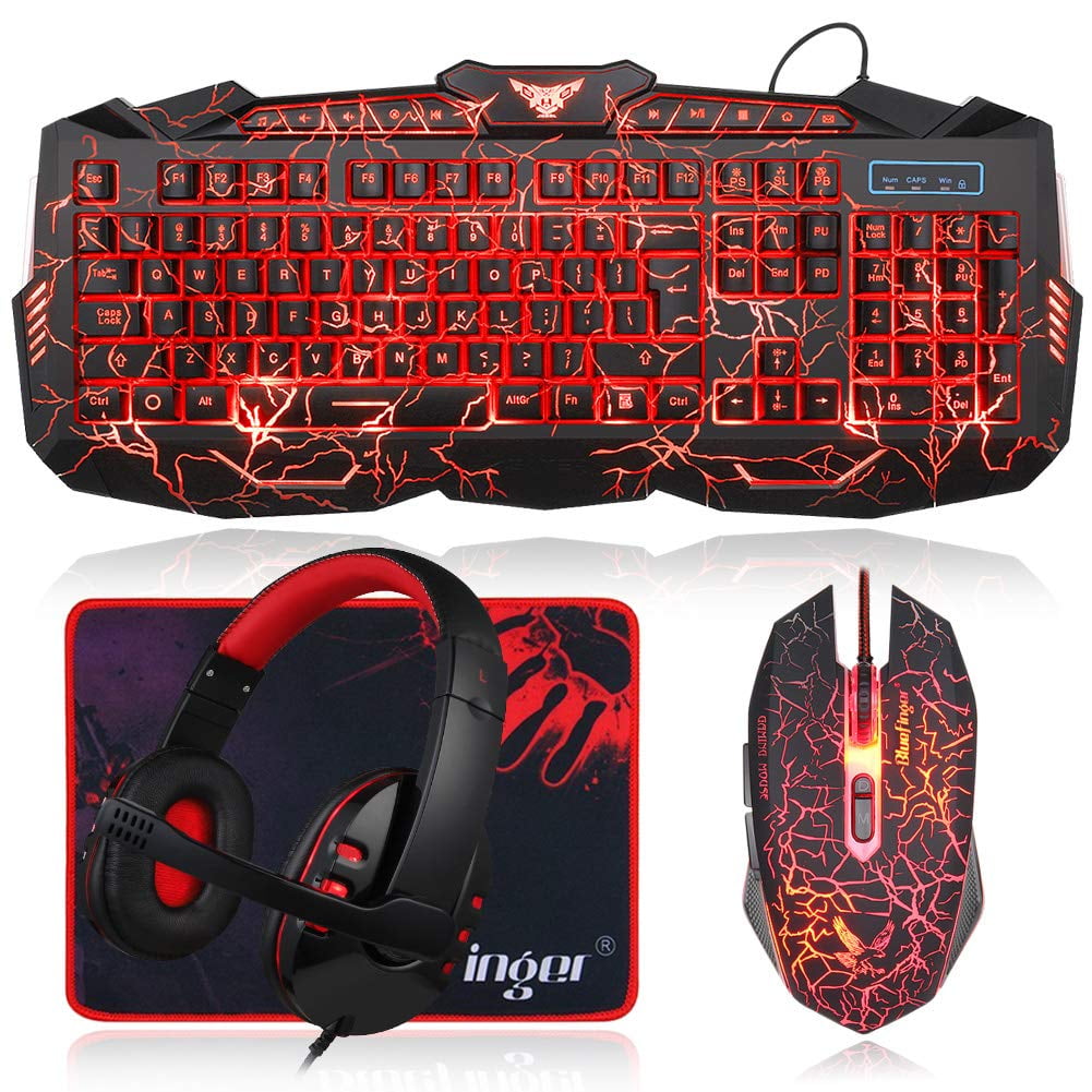 Gaming Keyboard Mouse Headset Combo,USB Wired Crack Backlit Keyboard ...