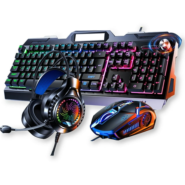 Gaming Keyboard Mouse Headset and Mousepad Combo, Rainbow LED Backlit Gaming Keyboard Mouse Set ...