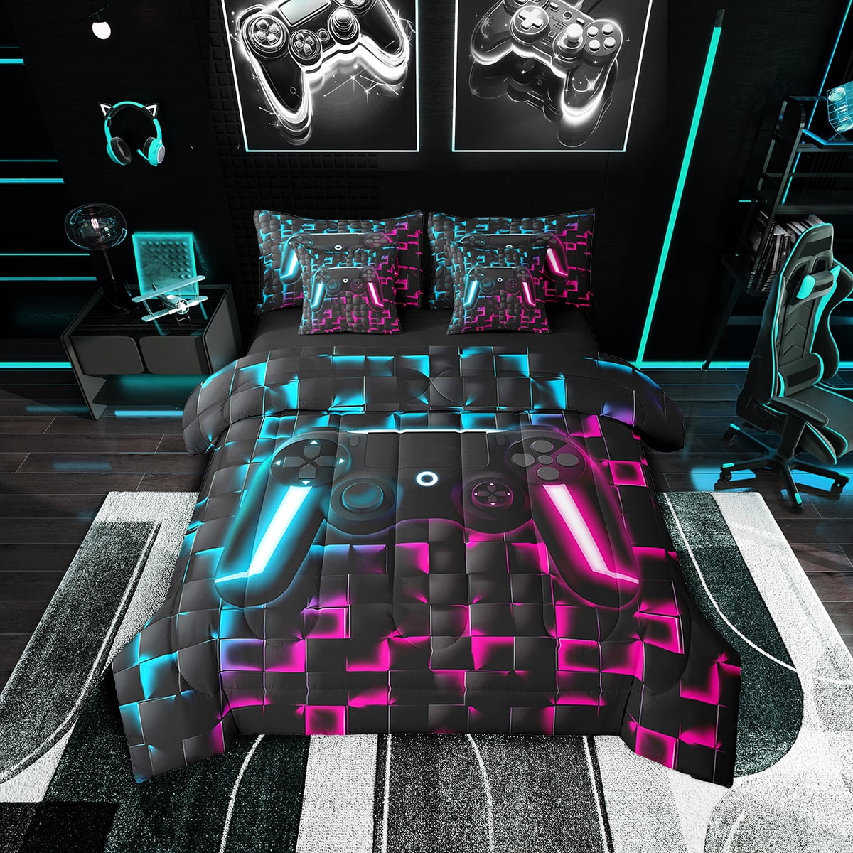 Gaming King Bedding Sets 7 Pieces, Black Reversible, Neon Blue and Pink ...