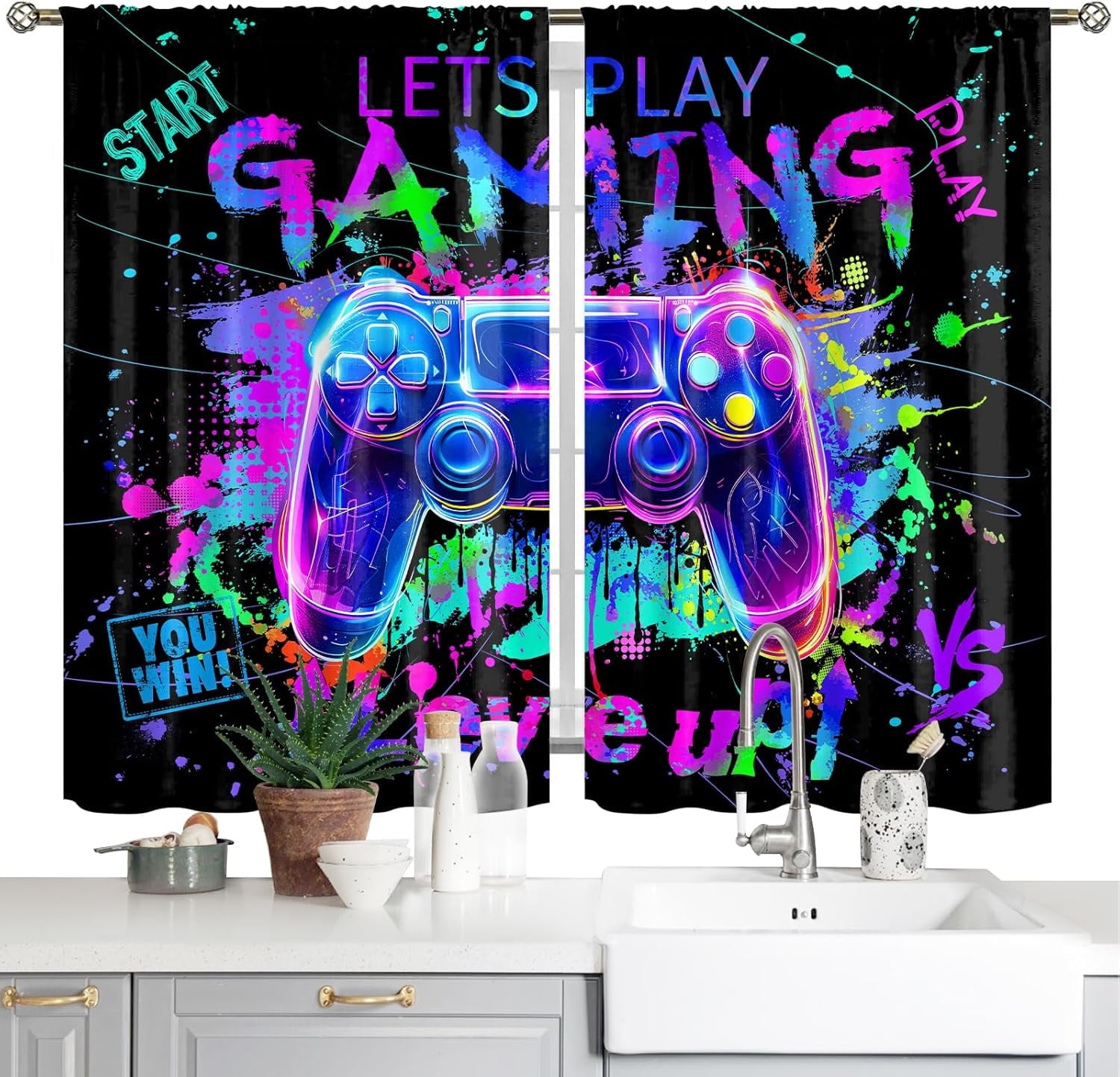 Gaming Kitchen Curtains Graffiti Gamepad Window Curtains for Gamer Boys ...
