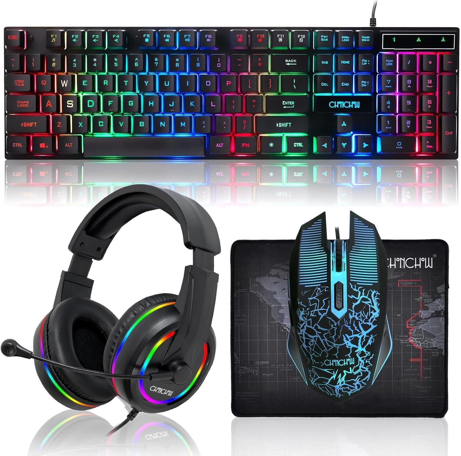 Gaming LED Keyboard Mouse Headset and Mousepad Bundle Wired Rainbow LED ...