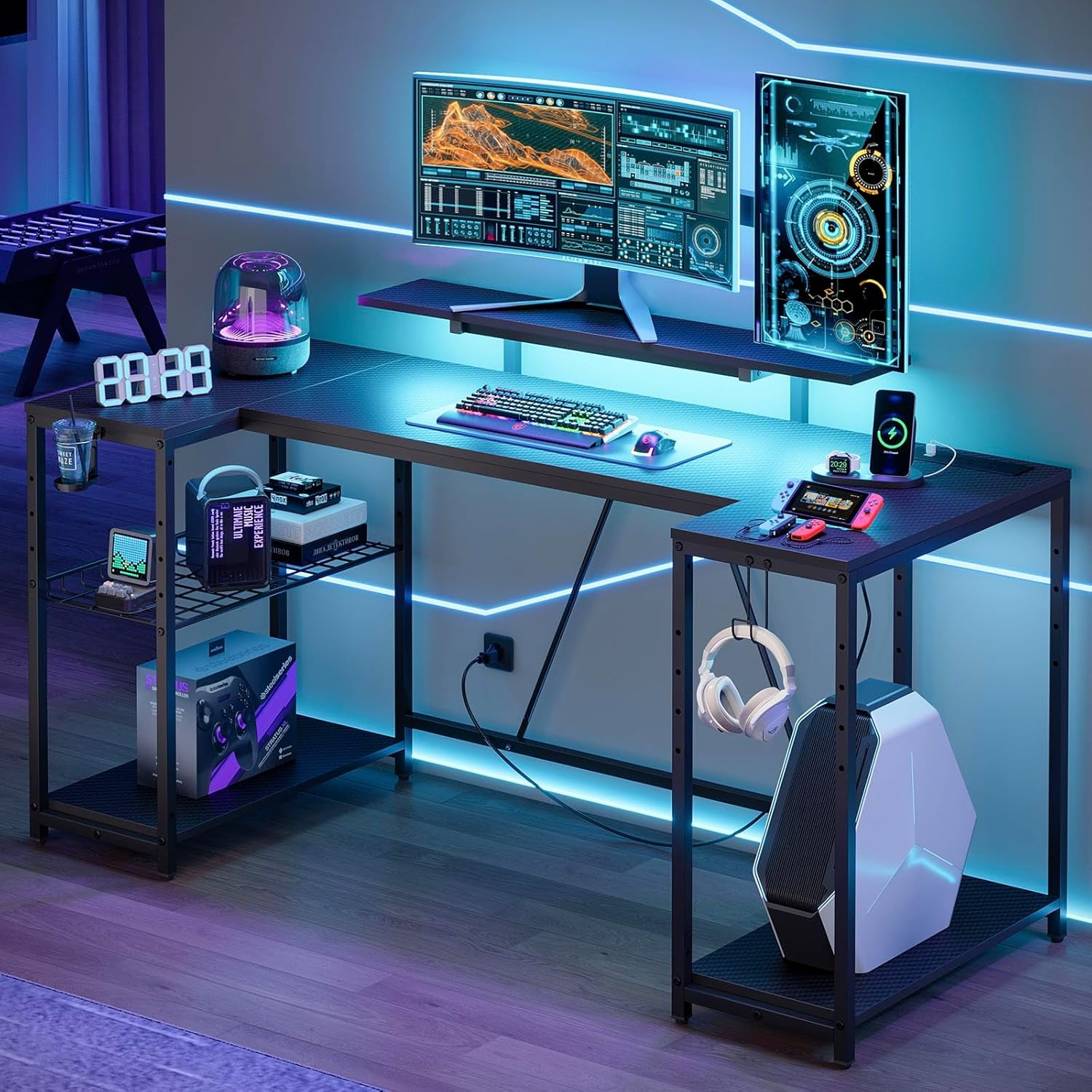 Gaming with LED Lights & Power Outlets 63 inch U Shaped Computer with ...