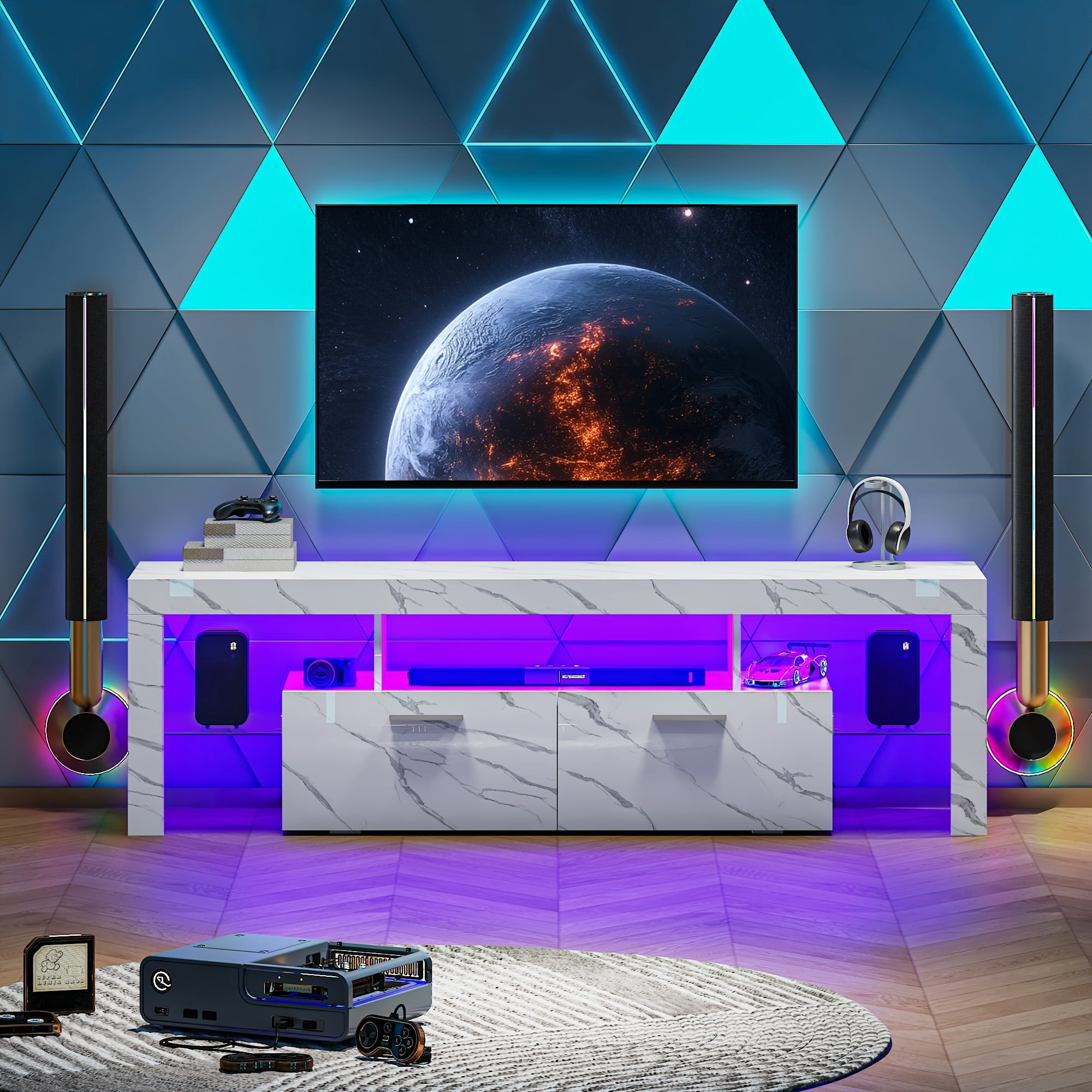 Gaming LED TV Stand 71" High Gloss White - Fits 55-80 Inch TVs ...