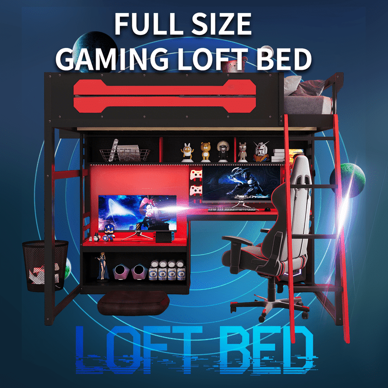 Gaming Loft Bed with Desk and Shelves, Full Size Wooden Loft Beds with ...