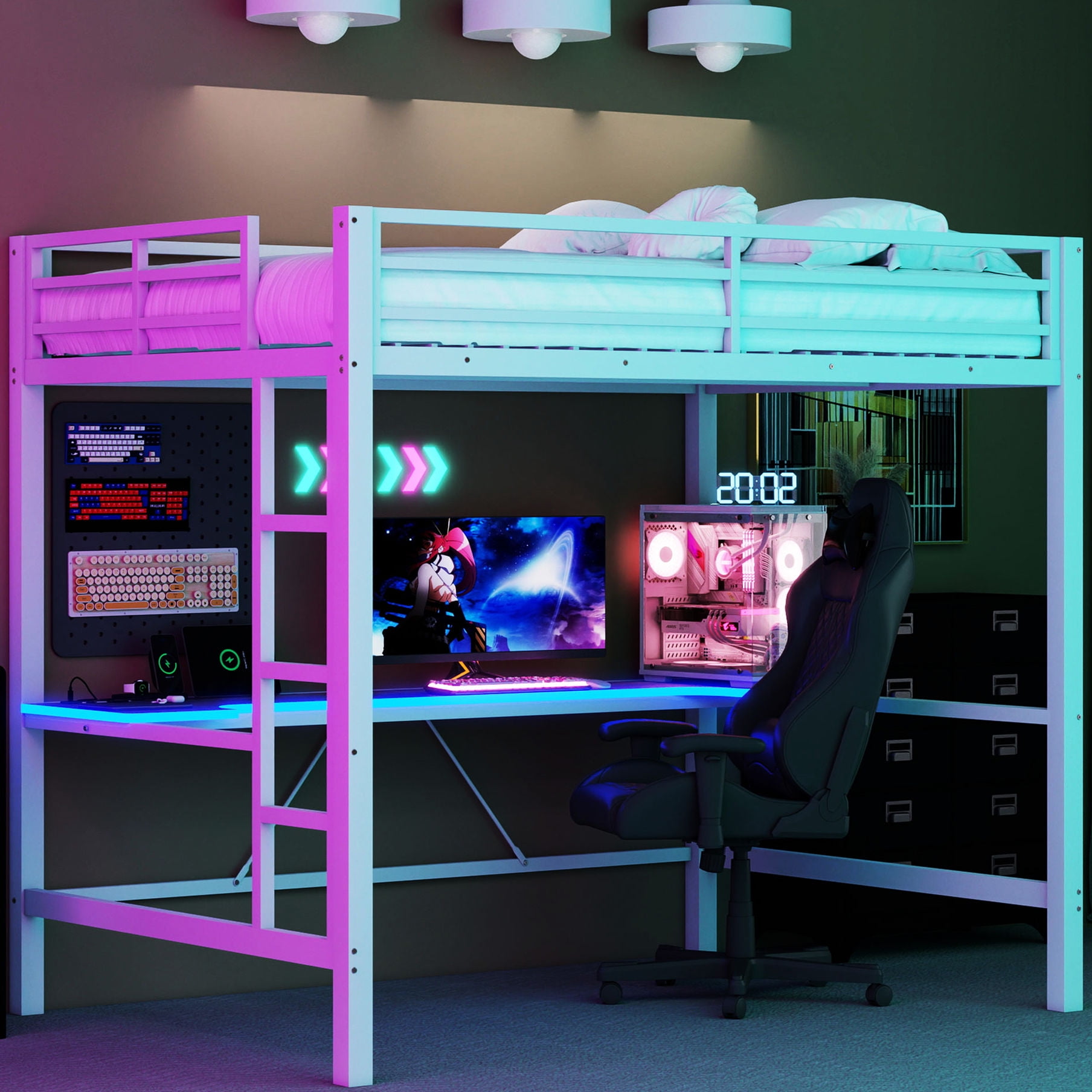Gaming Metal Loft Bed with LED Lights and Workspace | Strong Slats ...
