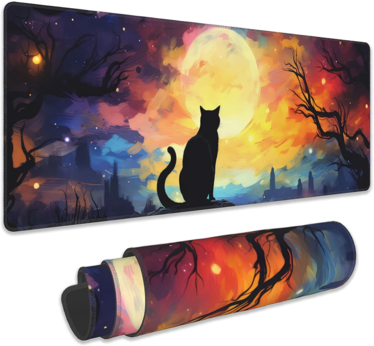 Gaming Mouse Pad, Black Cat Starry Night Extended Mouse Pad Gaming ...
