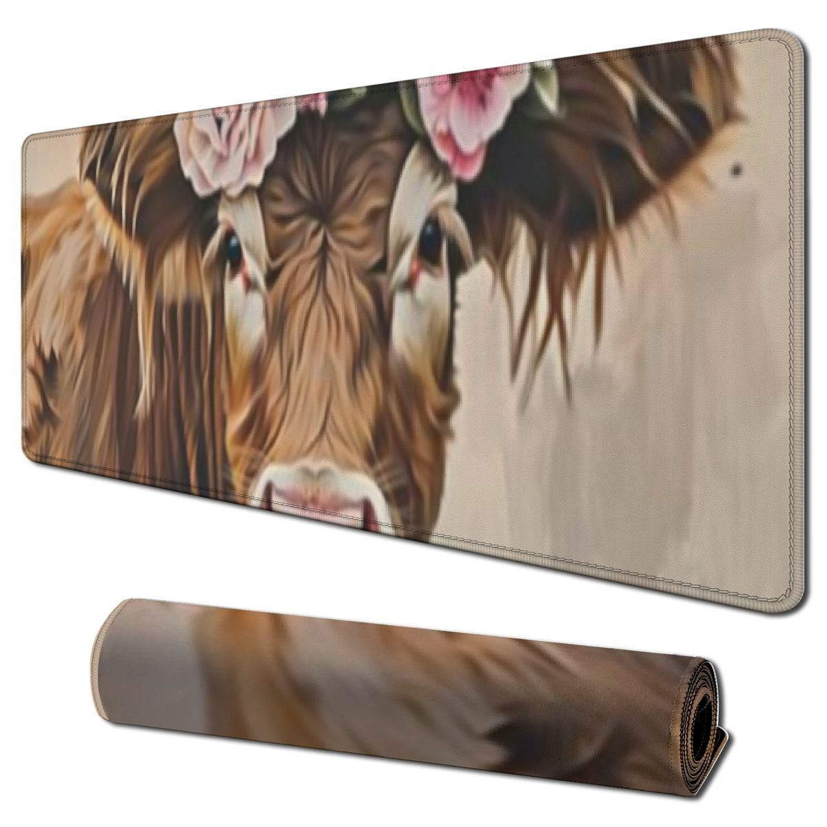 Gaming Mouse Pad Large Mousepad Watercolor Style Highland Cattle Flower ...