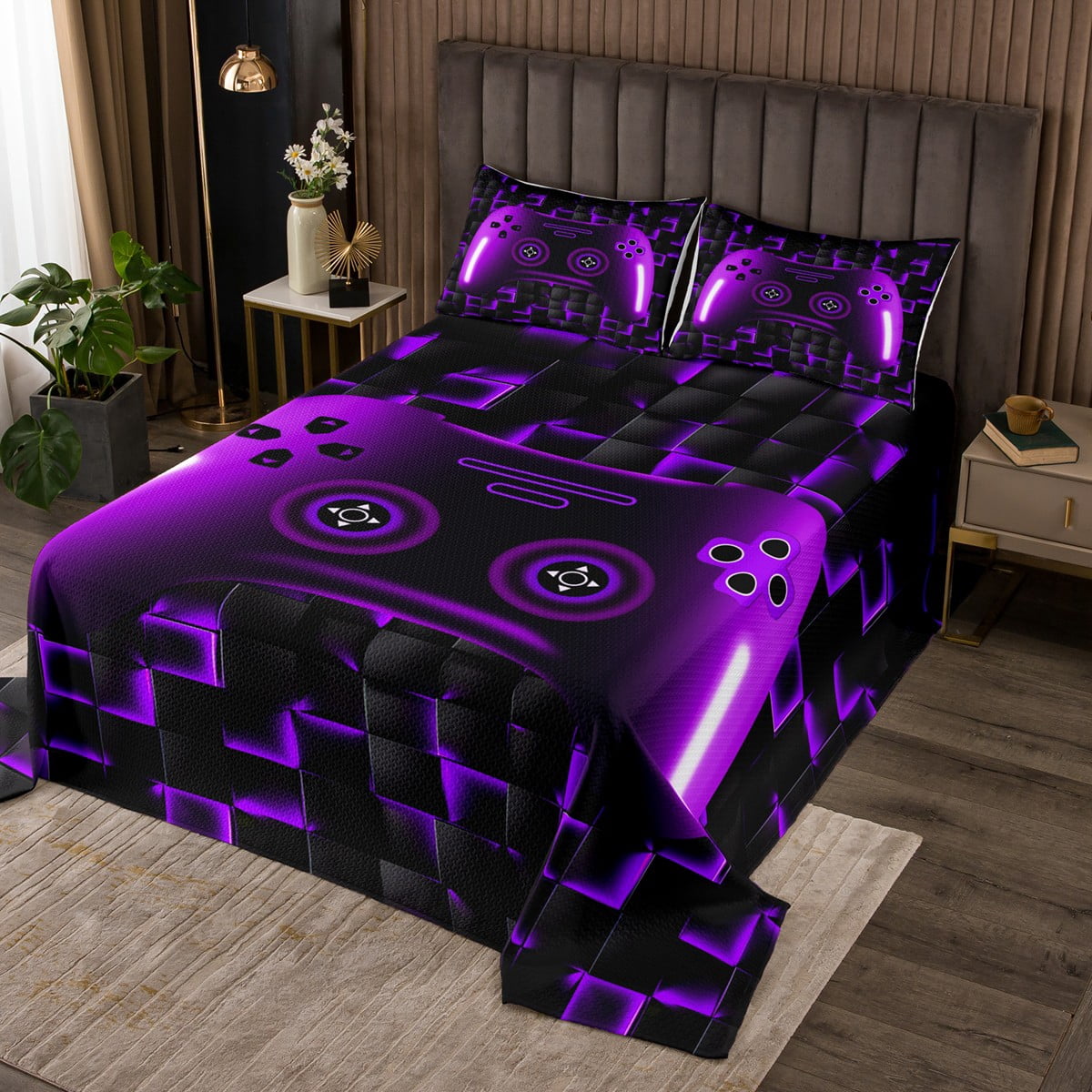 Gaming Queen Size Bedspread Set Teen Game Controller Coverlet Set 3Pcs ...