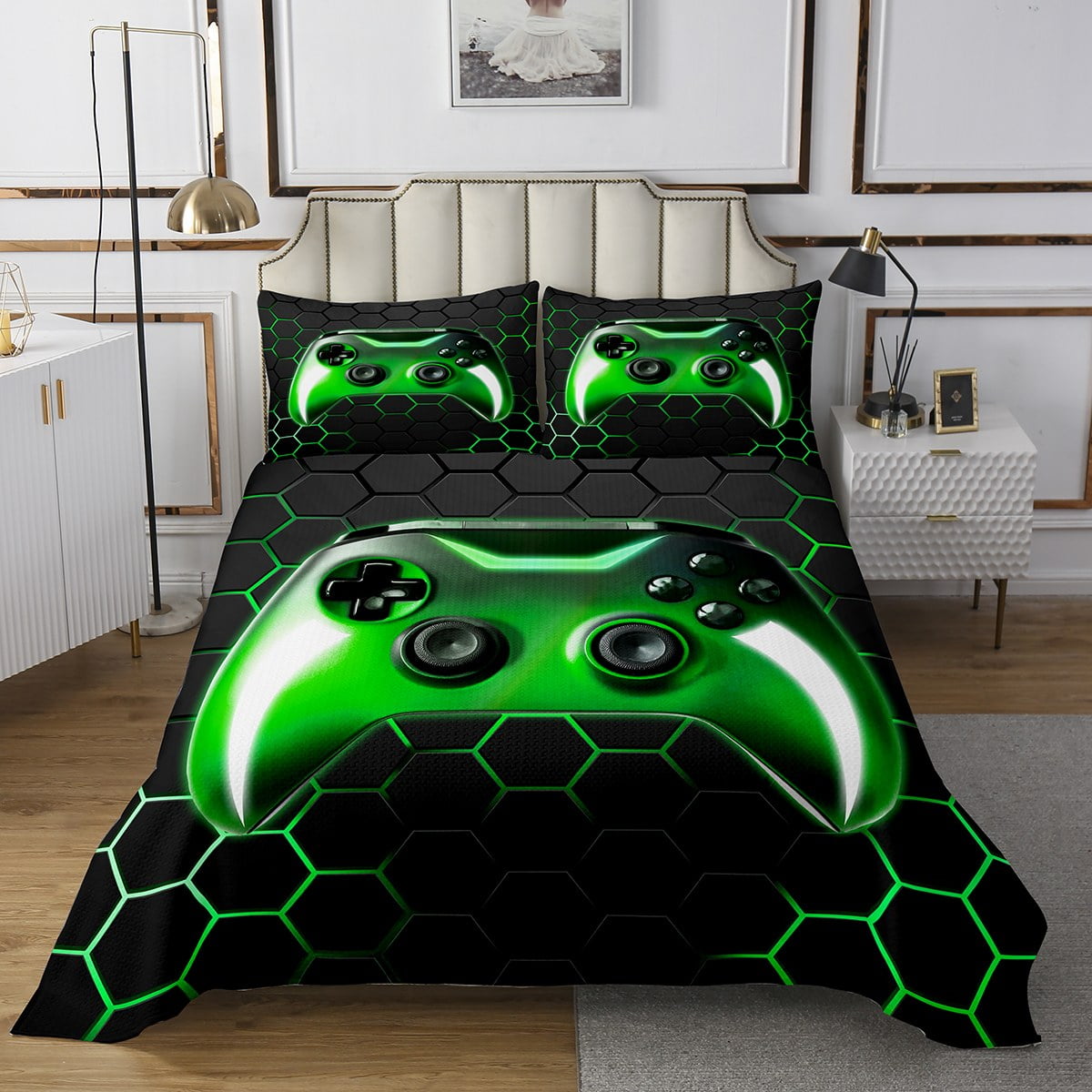 Gaming Quilt Set Geometric Honeycomb Gamepad Bedspread Set King Size ...
