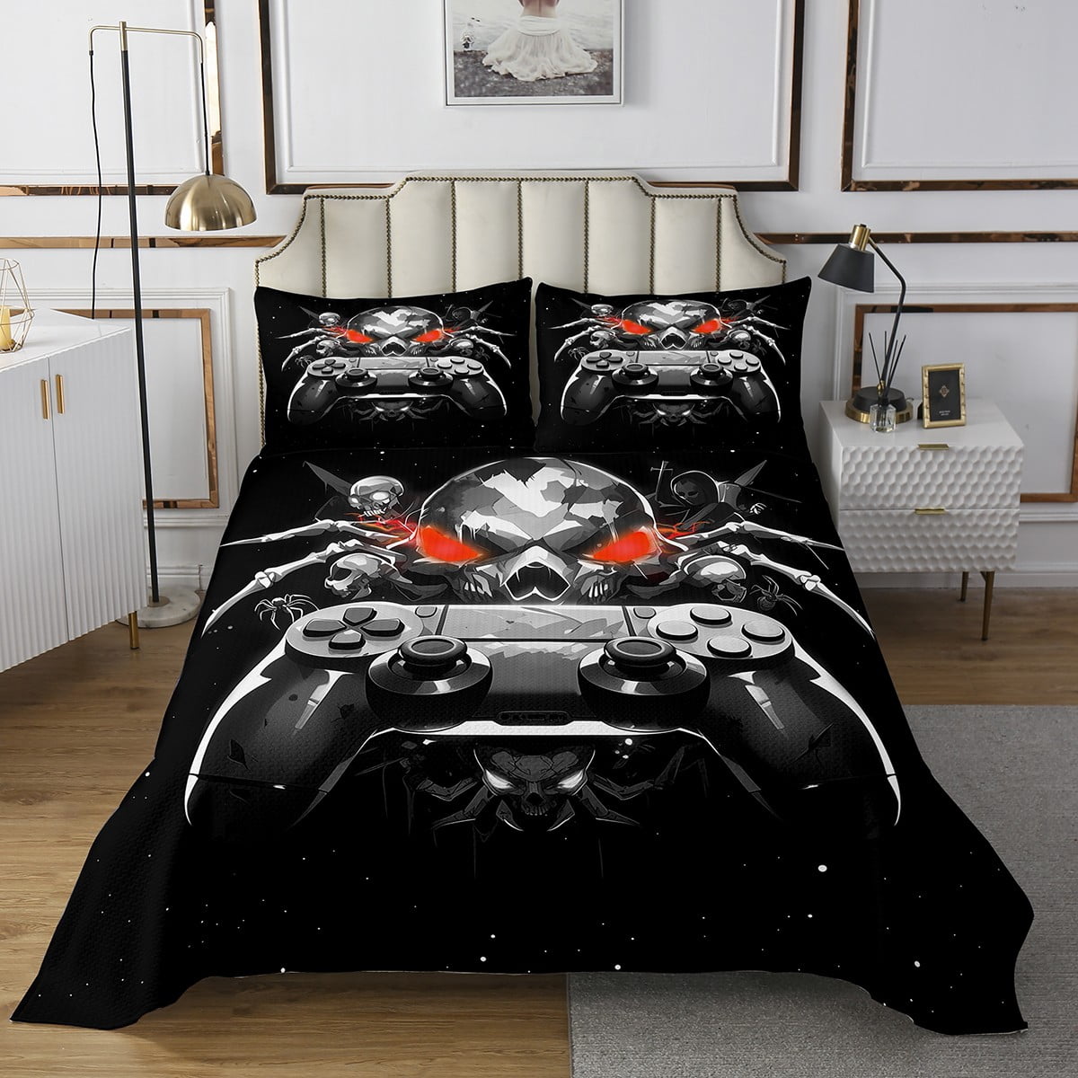 Gaming Quilt Set Gamer Bedspread Set King,Gothic Skull Skeleton Ghost ...