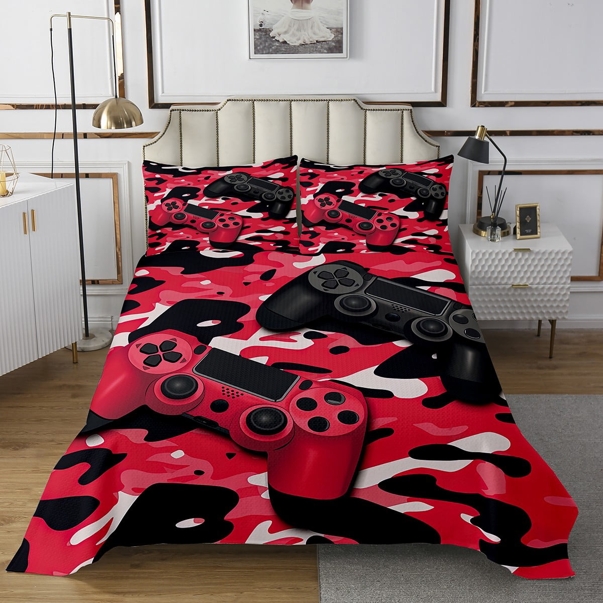 Gaming Quilt Set Gamer Bedspread Set Queen,Black and Red Camouflage ...