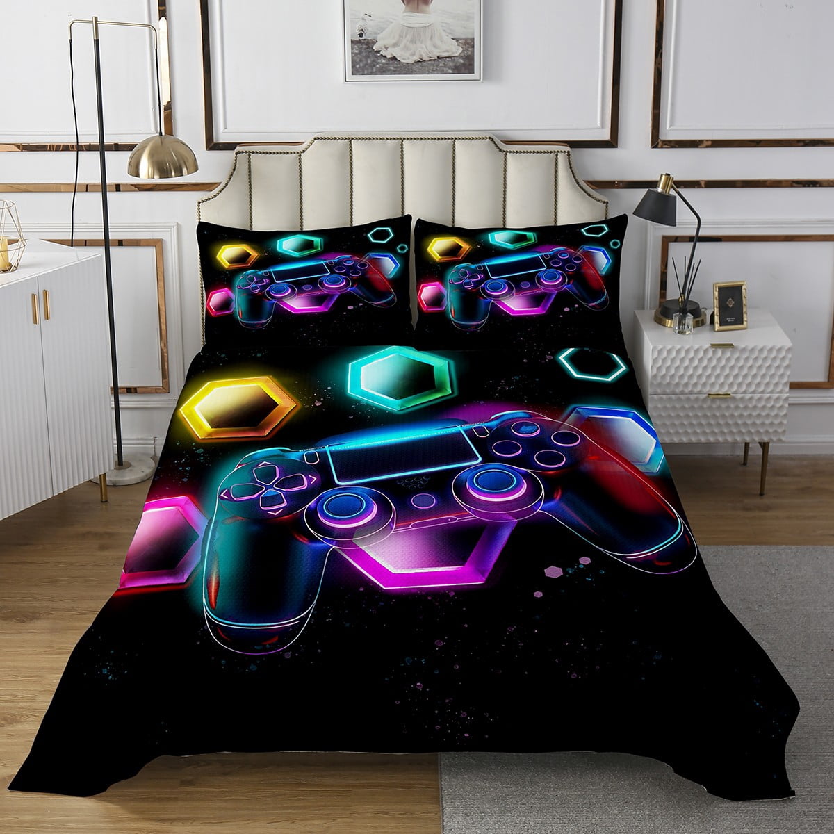 Gaming Quilt Set Gamer Bedspread Set Queen,Neon Lights Abstract ...