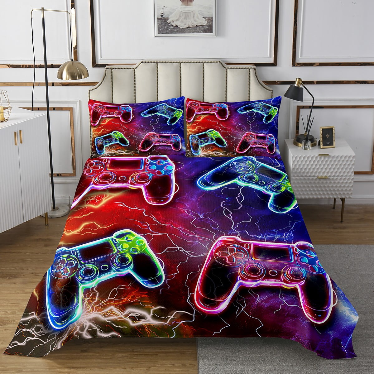 Gaming Quilt Set Gamer Bedspread Set Queen,Red Blue Lightning Coverlet ...
