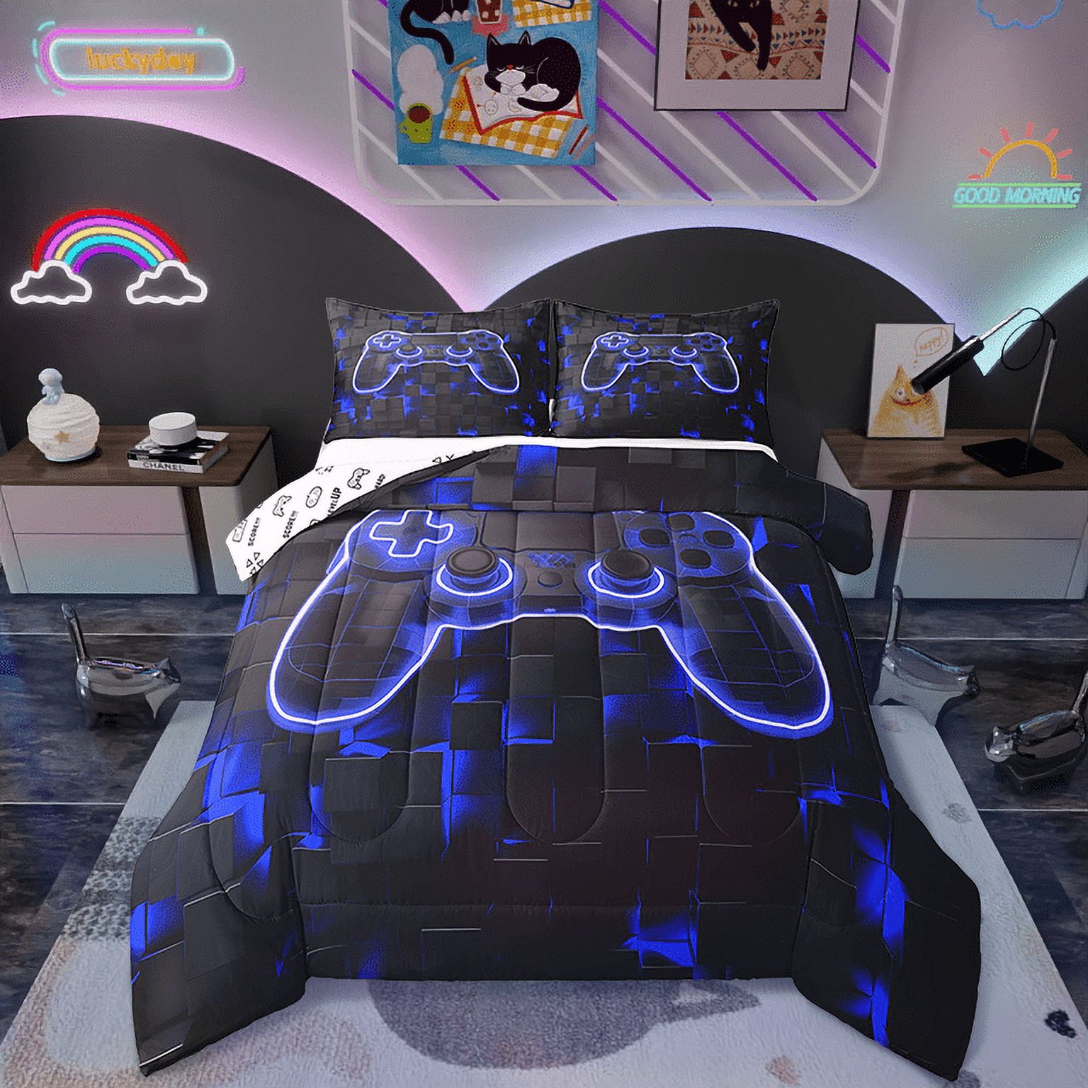 Gaming Room Bedding Twin Gamer Comforter Sets 2 Pcs, Blue Geometry ...