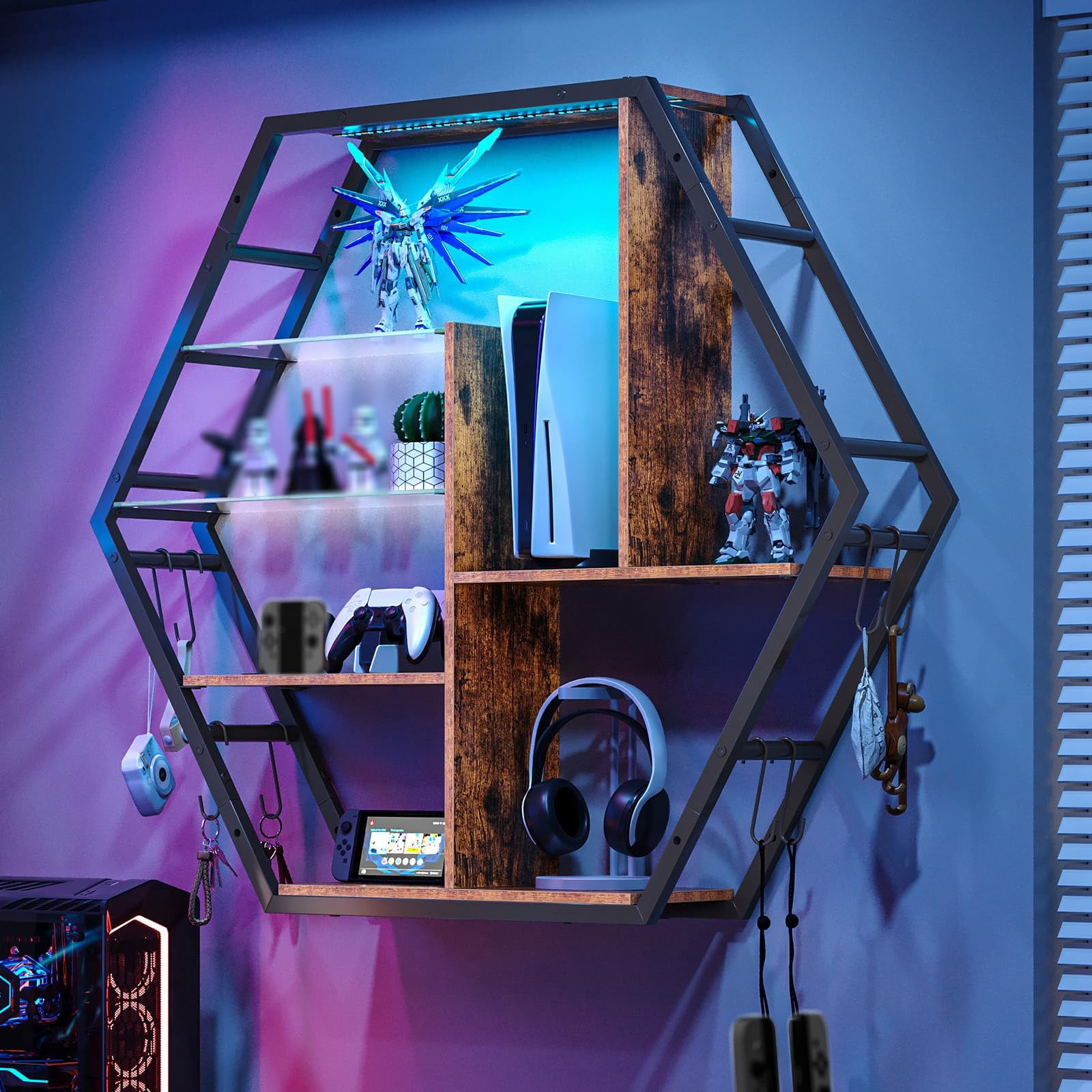 Gaming Room LED Floating Shelves, Hexagon Wall Shelf with Customizable ...