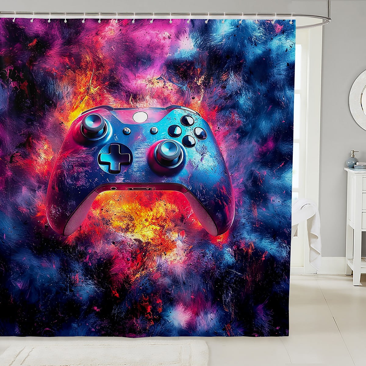 Gaming Shower Curtain Teen Video Game Bath Curtain Colorful Tie-Dye ...