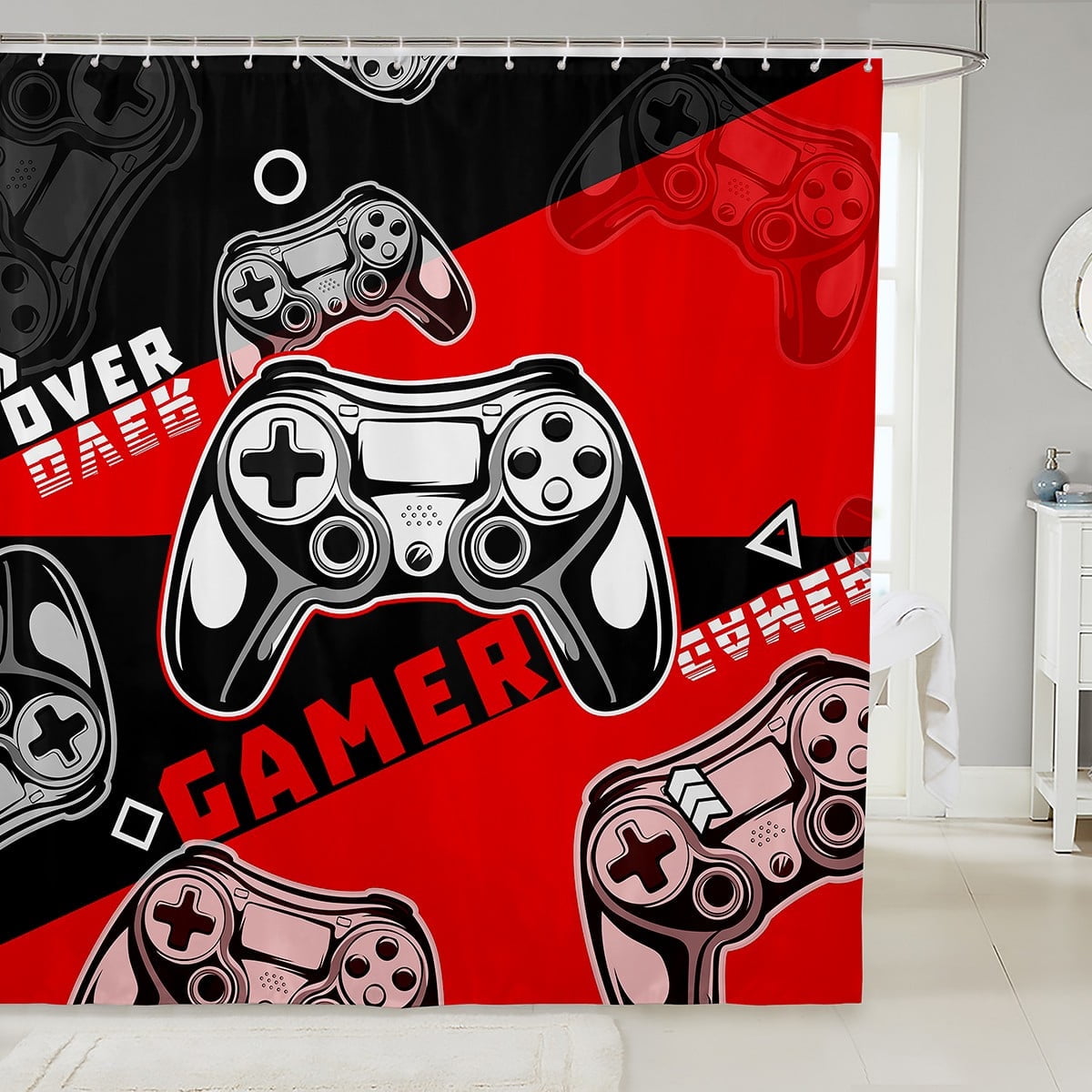 Gaming Shower Curtain Teens Red And Black Gamer Bathroom Shower Curtain ...