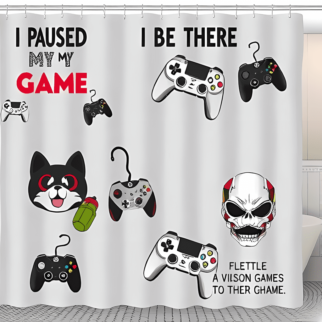 Gaming Shower Curtain with Controllers & Funny Phrases - "I Paused My ...