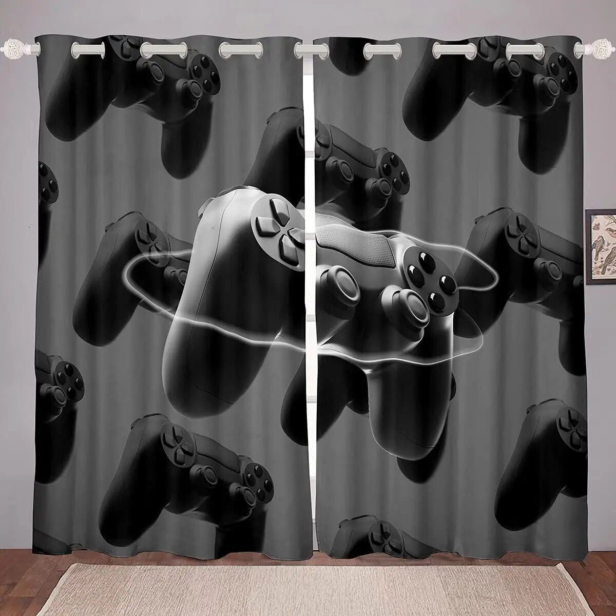 Gaming Thermal Insulated Window Drapes Teal Marble Gamepad Room ...