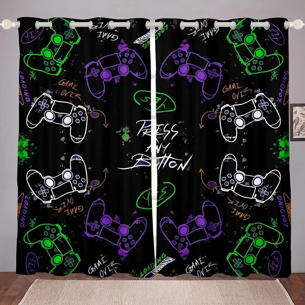 Gaming Thermal Insulated Window Drapes Teal Marble Gamepad Room ...