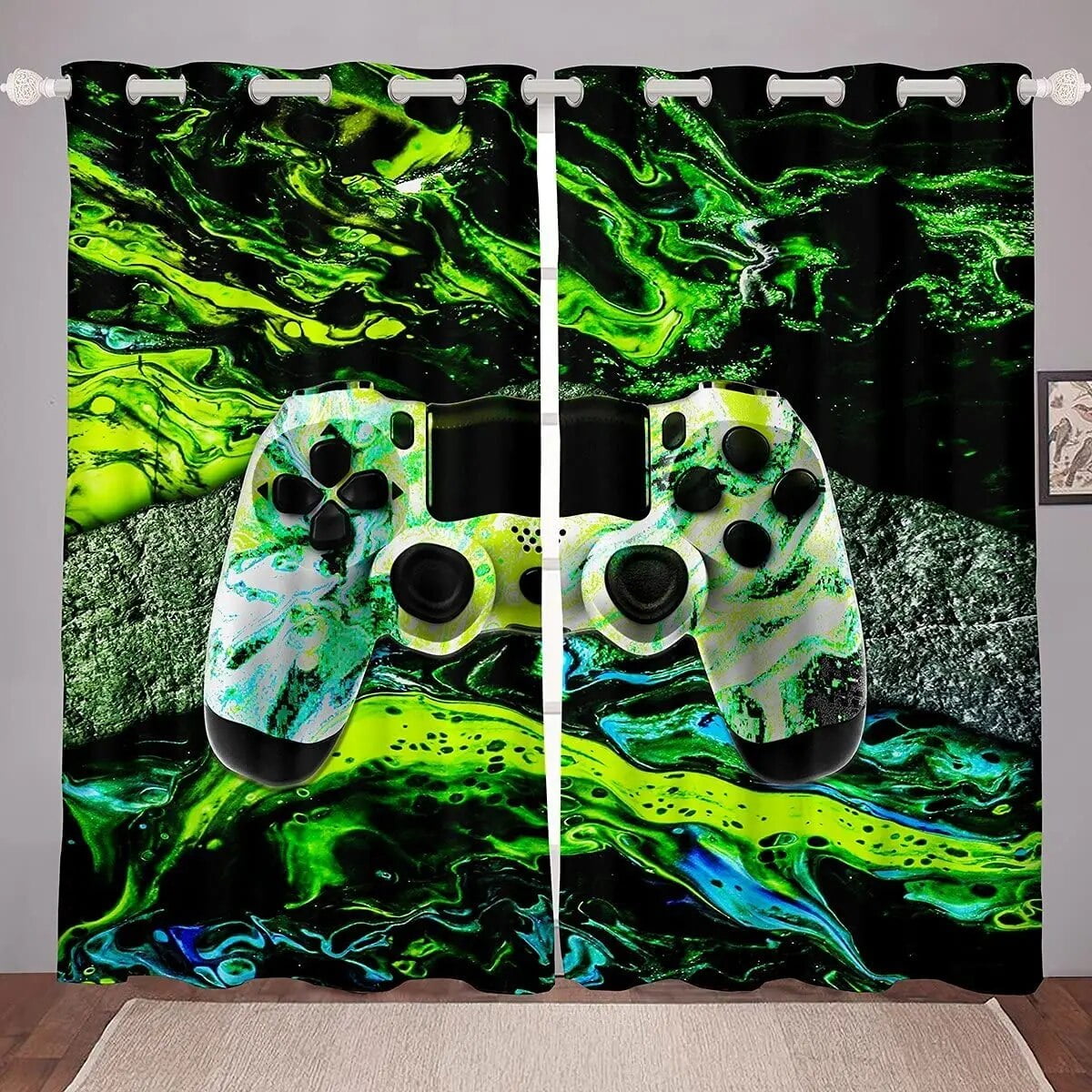 Gaming Thermal Insulated Window Drapes Teal Marble Gamepad Room ...