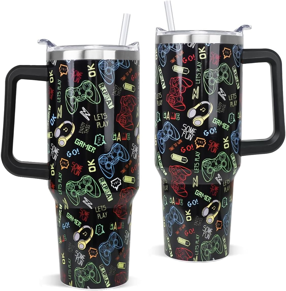 Gaming Tumbler with Handle and Straw Game Cup Coffee Travel Mug Gamer ...