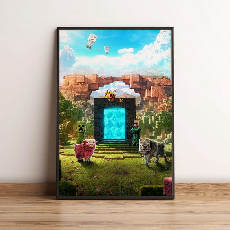 Gaming Wall Art Print – Minecraft Movie Portal Pink Sheep Creeper ...