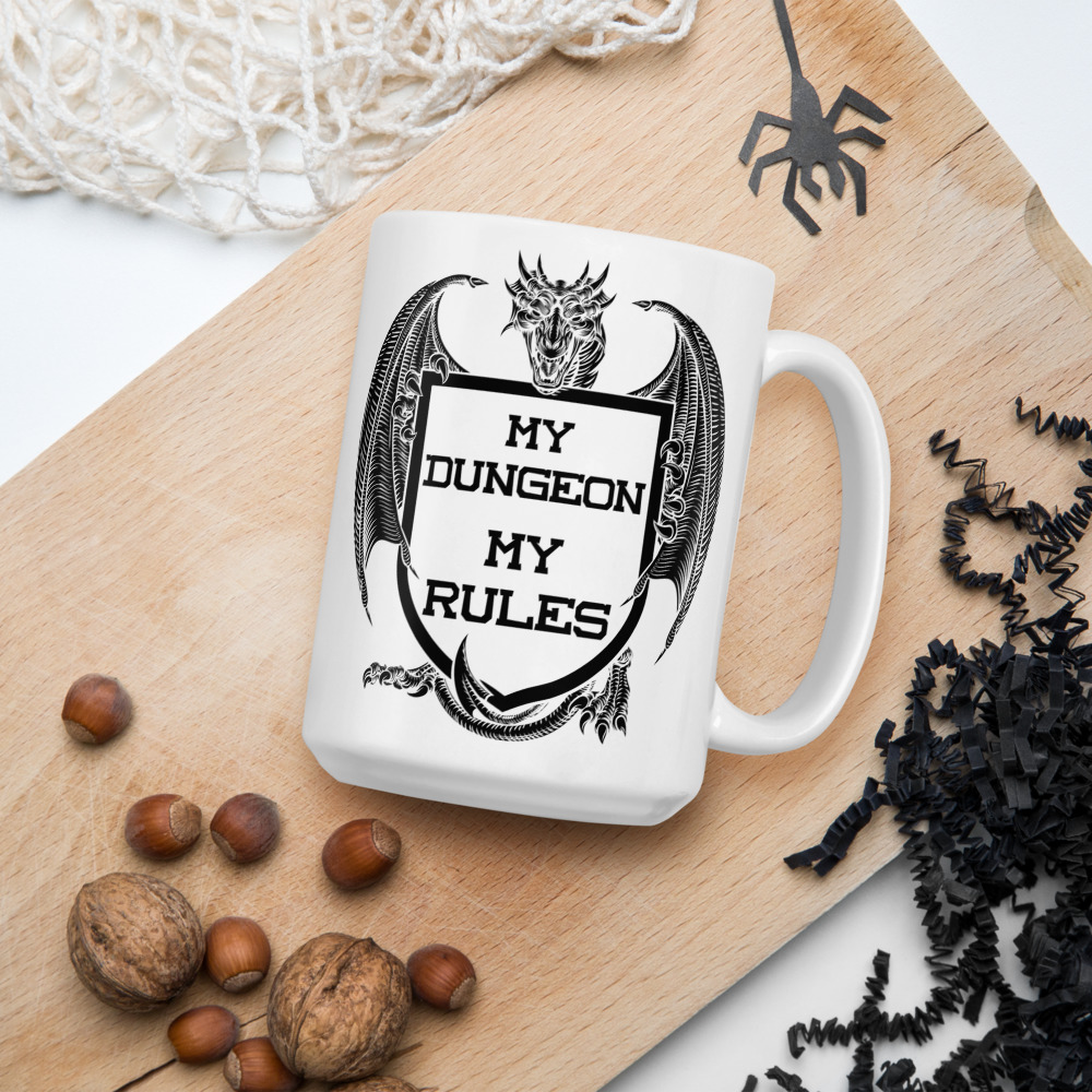 Gaming White Glossy Mug-My Dungeon My Rules-Dragon/Shield (15 oz ...