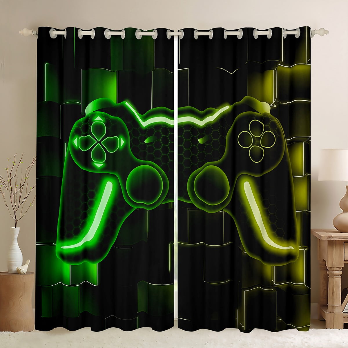 Gaming Window Curtains For Boys Yellow Green Gamer Curtains & Drapes ...