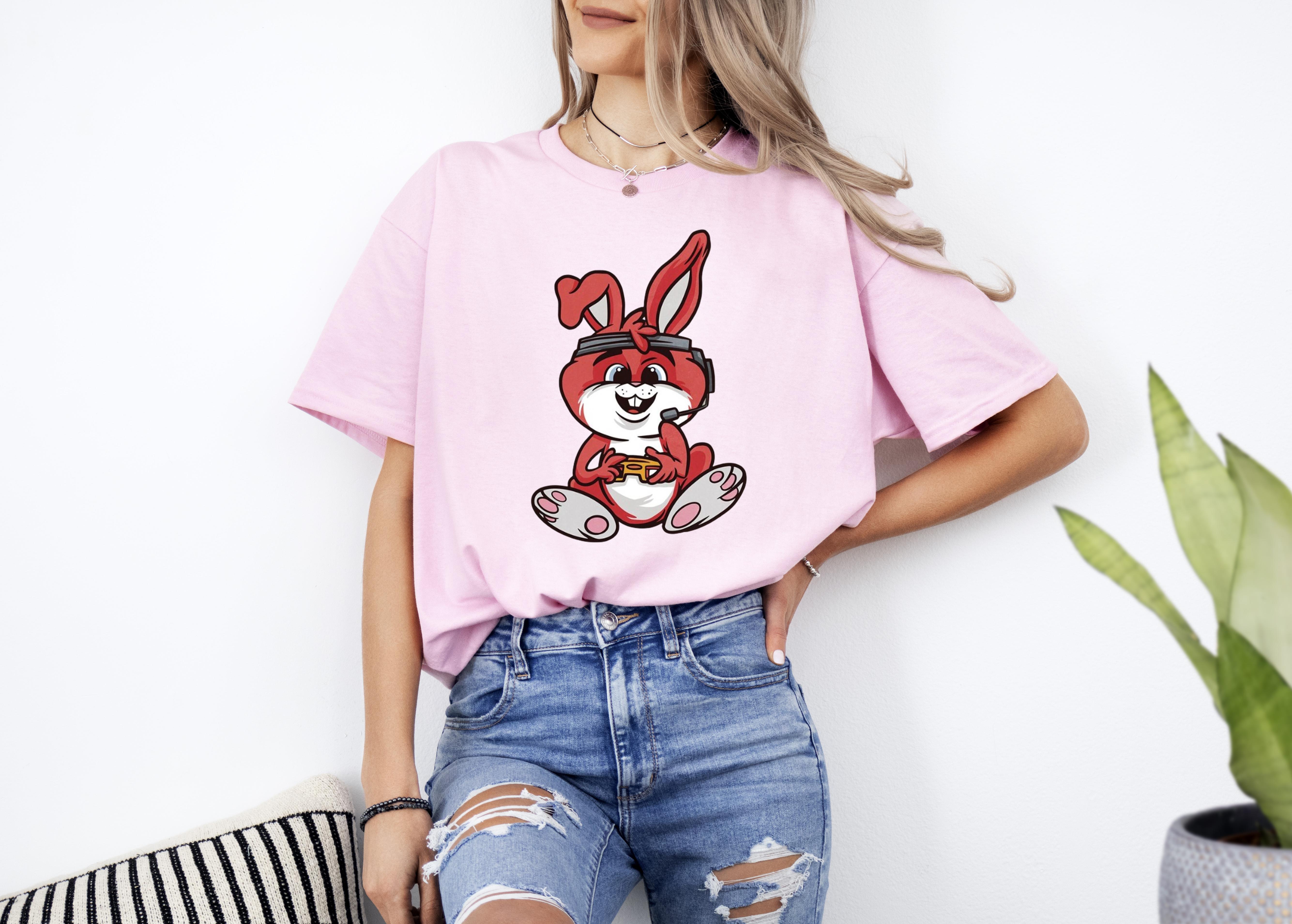 Gaming rabbit design on a T-shirt, featuring an adorable rabbit wearing ...