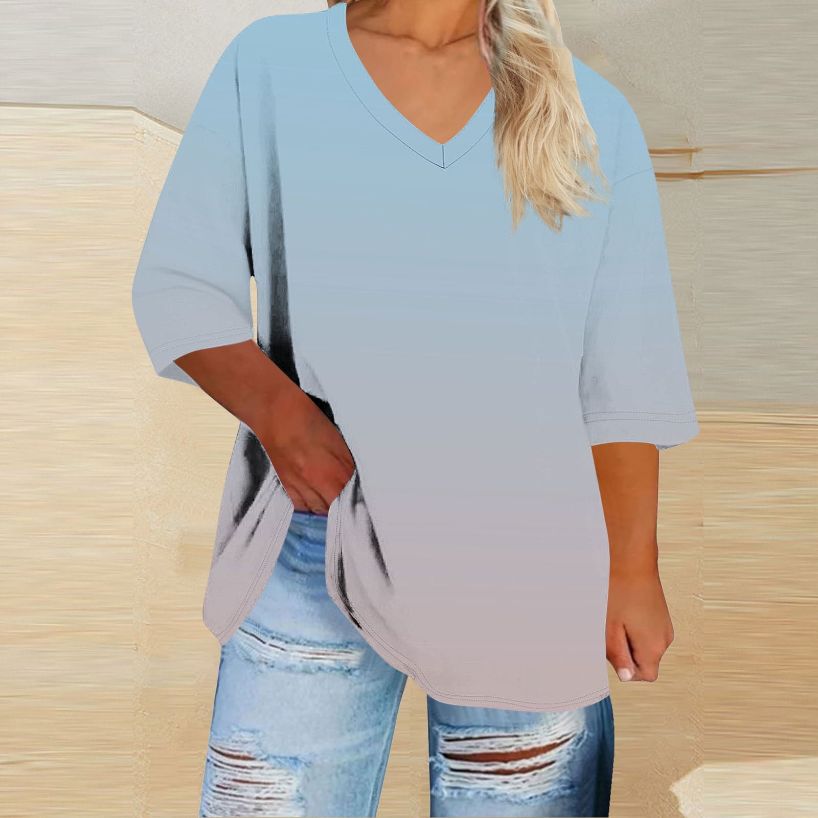 Gamivast 3/4 Sleeve Tops for Women Plus Size Gradient V Neck Loose ...