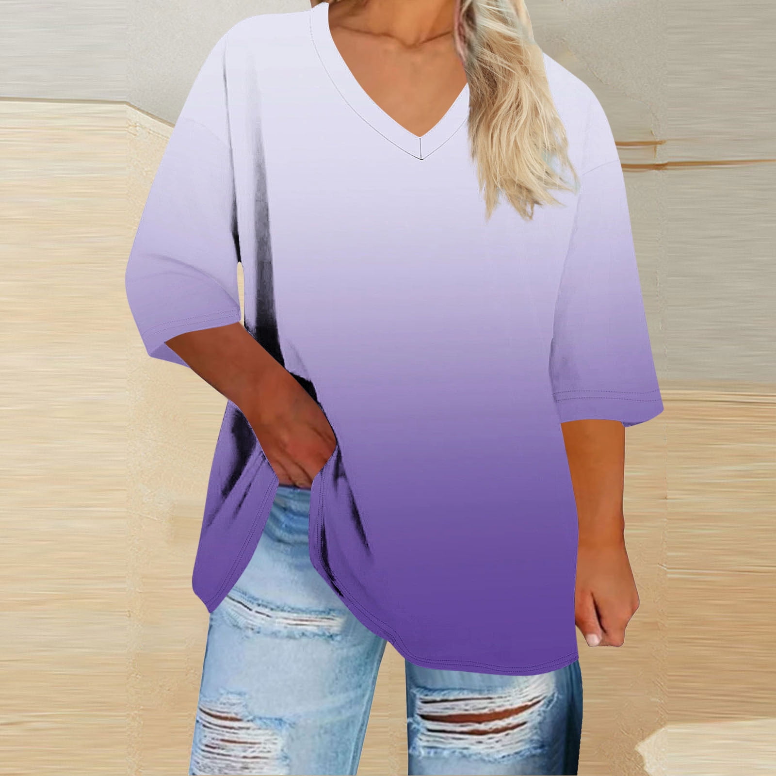 Gamivast 3/4 Sleeve Tops for Women Plus Size Oversized V Neck Gradient ...