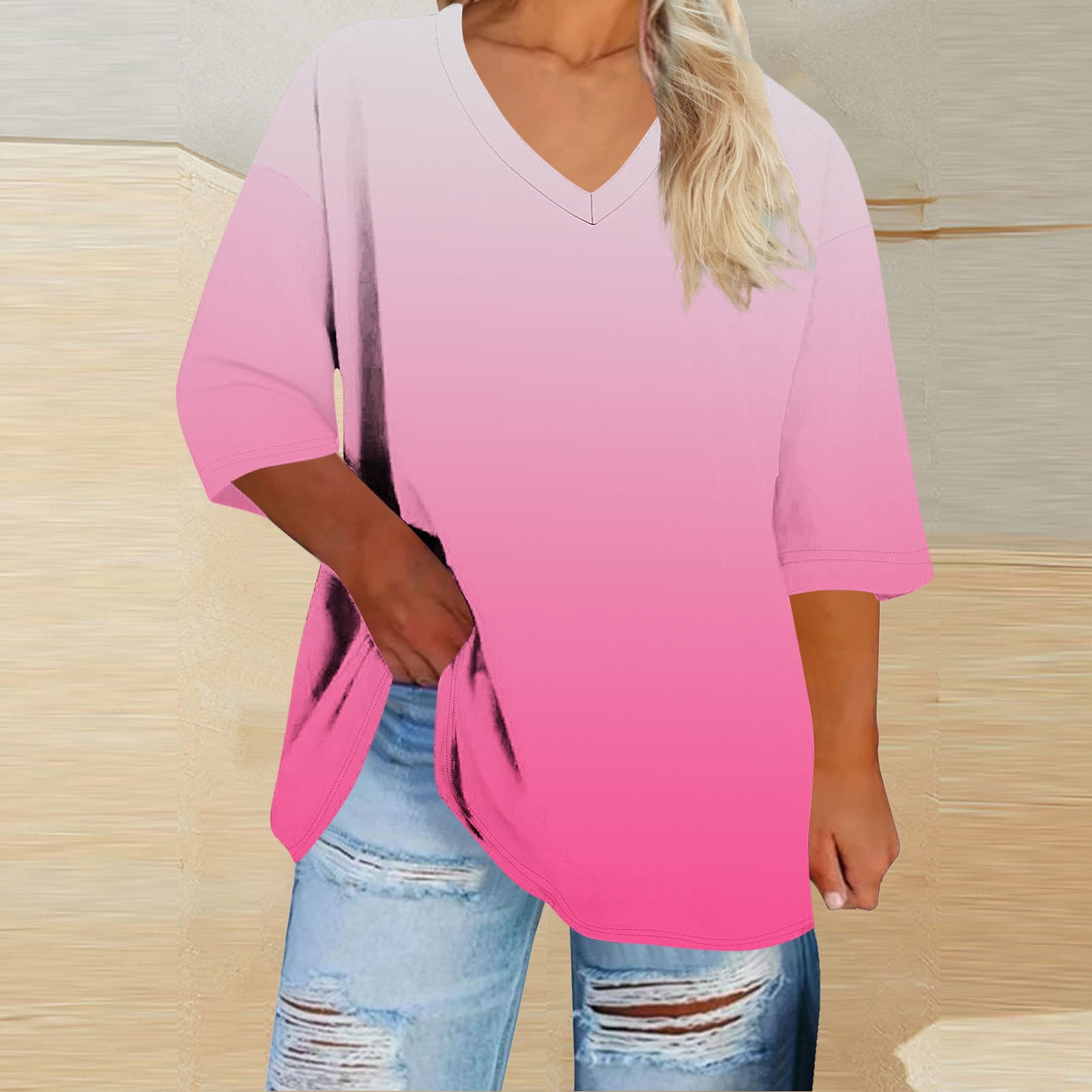 Gamivast 3/4 Sleeve Tops for Women Plus Size Oversized V Neck Gradient ...